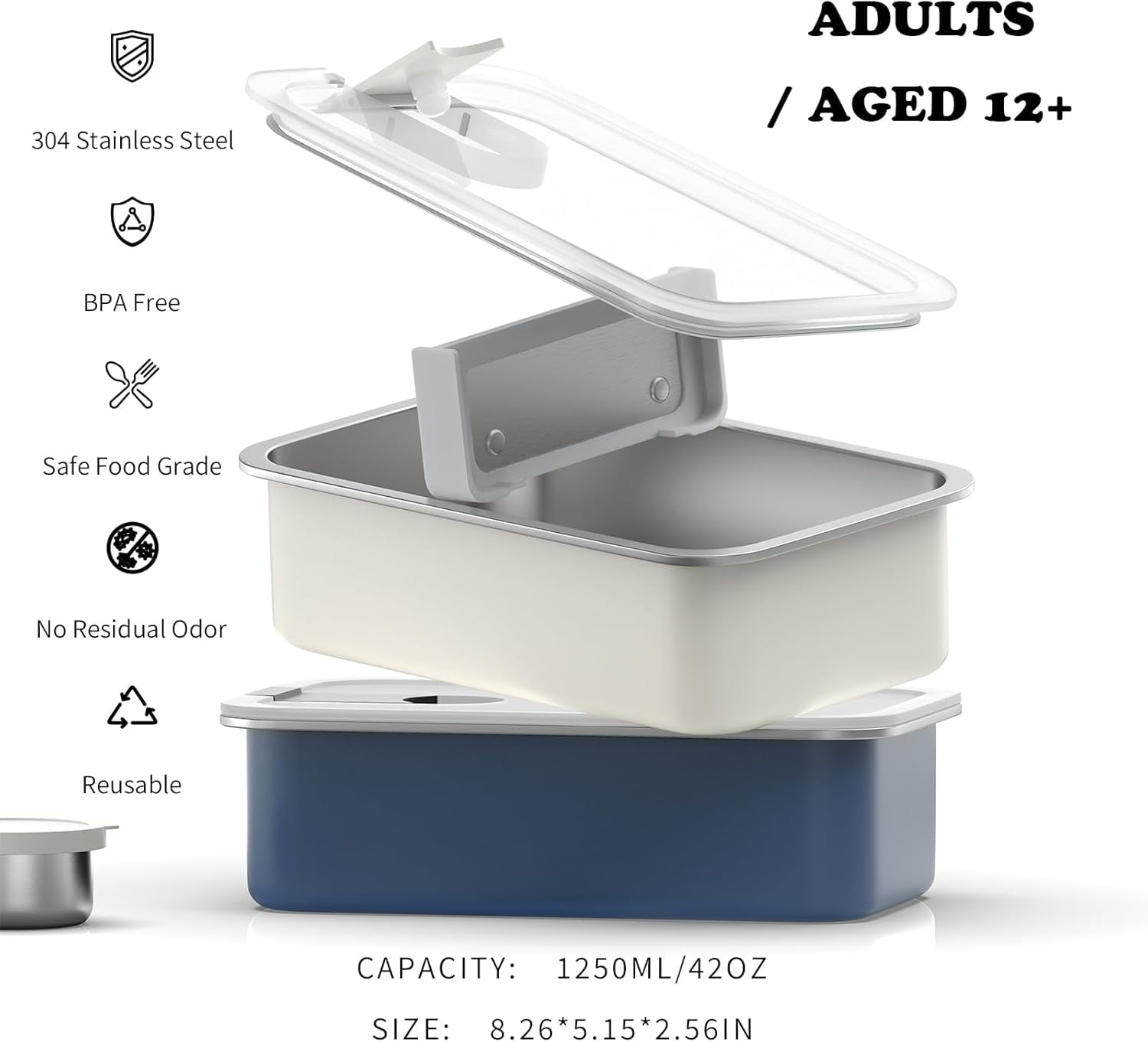 LIDUI-Stainless Steel Bento Lunch Box for Adult, 42oz Leak-Proof Lunch ...