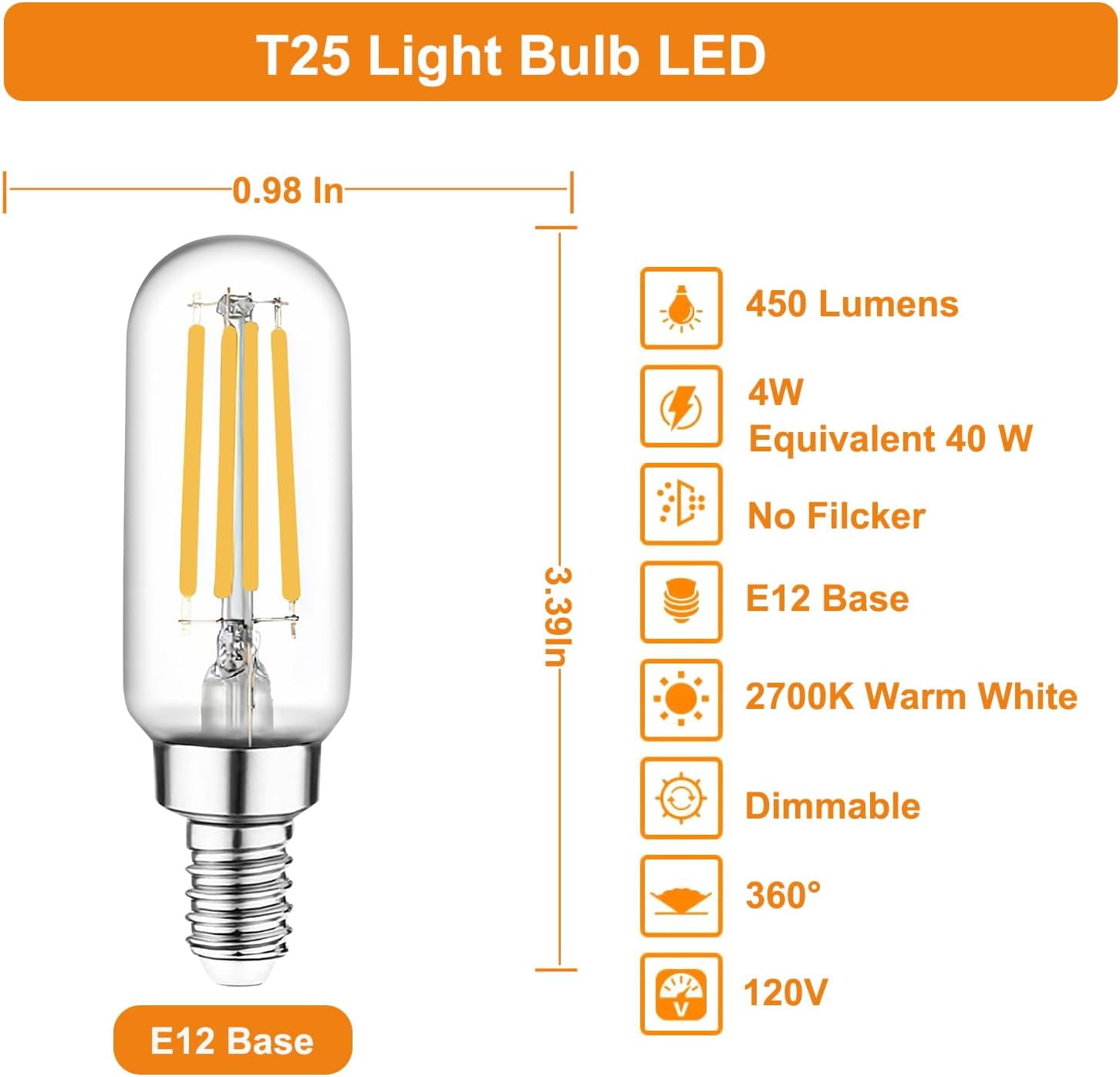 LIDUI-T25 Light Bulb LED 2700K Warm White, 6 Pack Dimmable T6 E12 LED ...