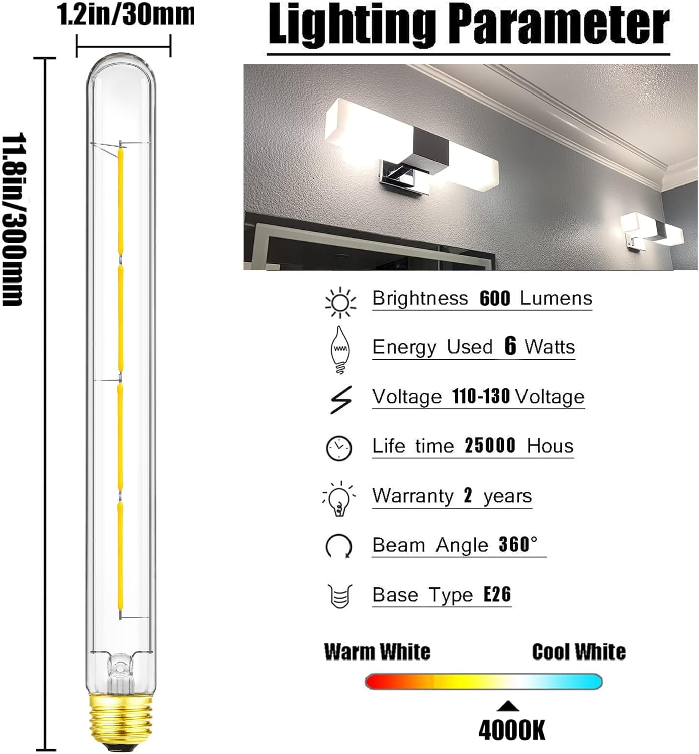 LIDUI-T300 Led Bulb, 11.8 Inch Long Tubular Led Light Bulbs, 100Watt ...
