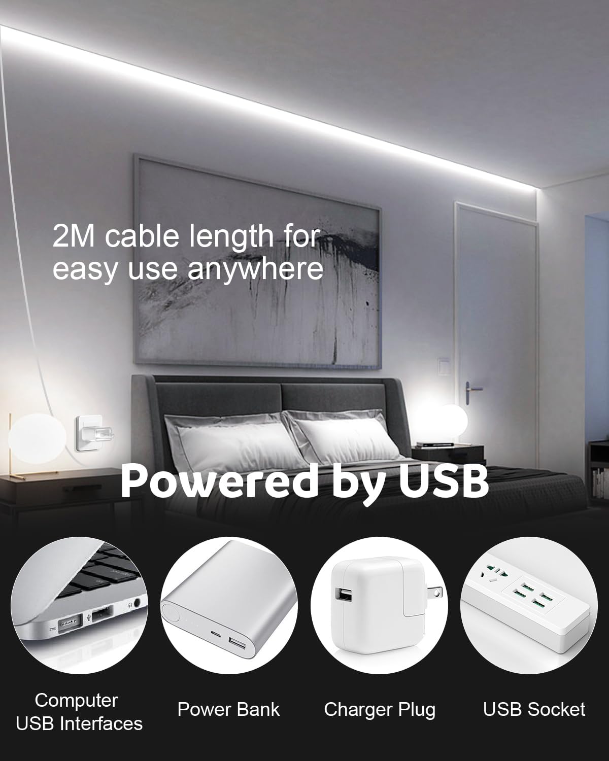 LIDUI-USB COB LED Strip Lights for TV 5V USB Powered LED Tape Lights Daylight White 6.56FT ...