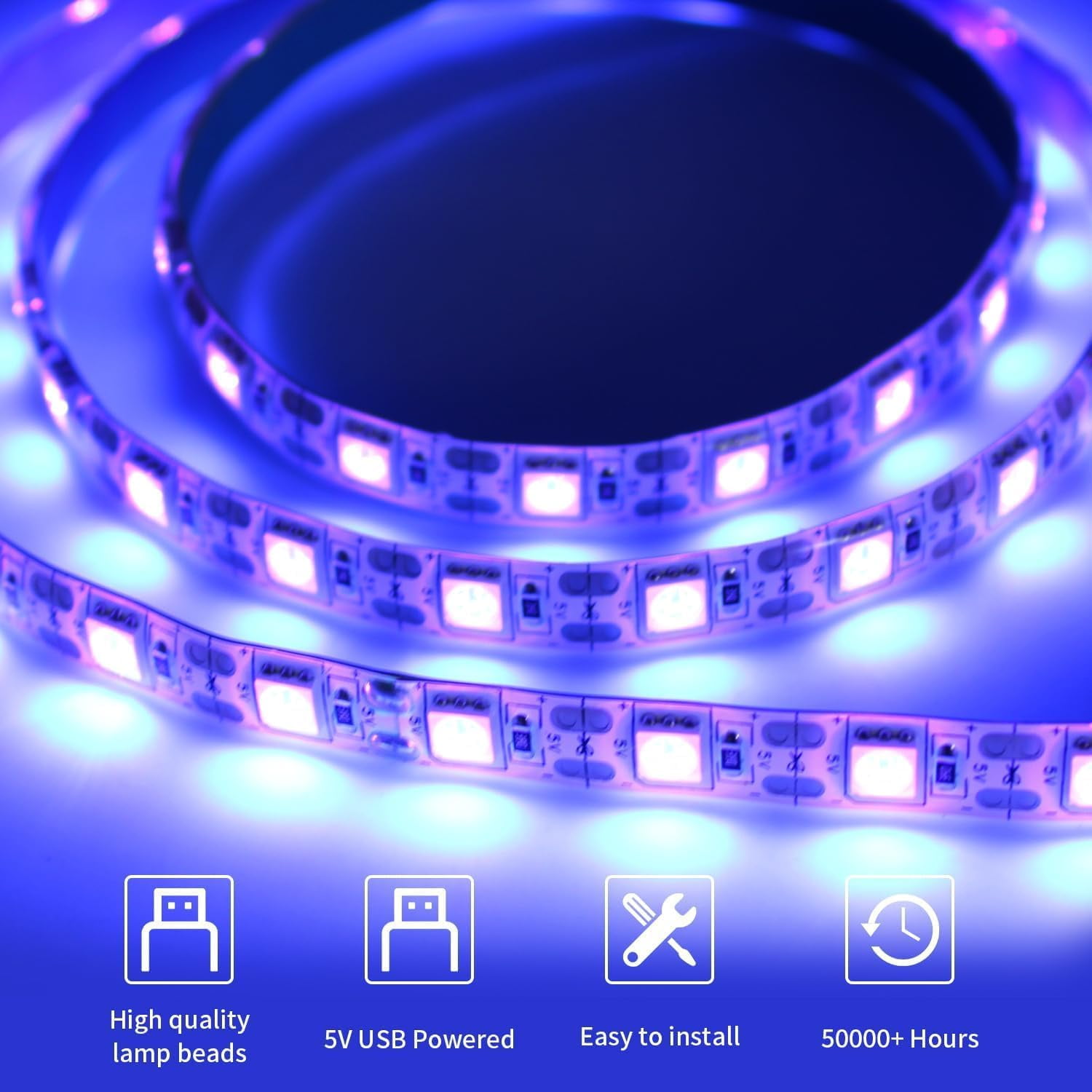LIDUI-USB UV Black LED Light Strip, 2M/6.6ft 5V SMD5050 LEDs 395nm ...