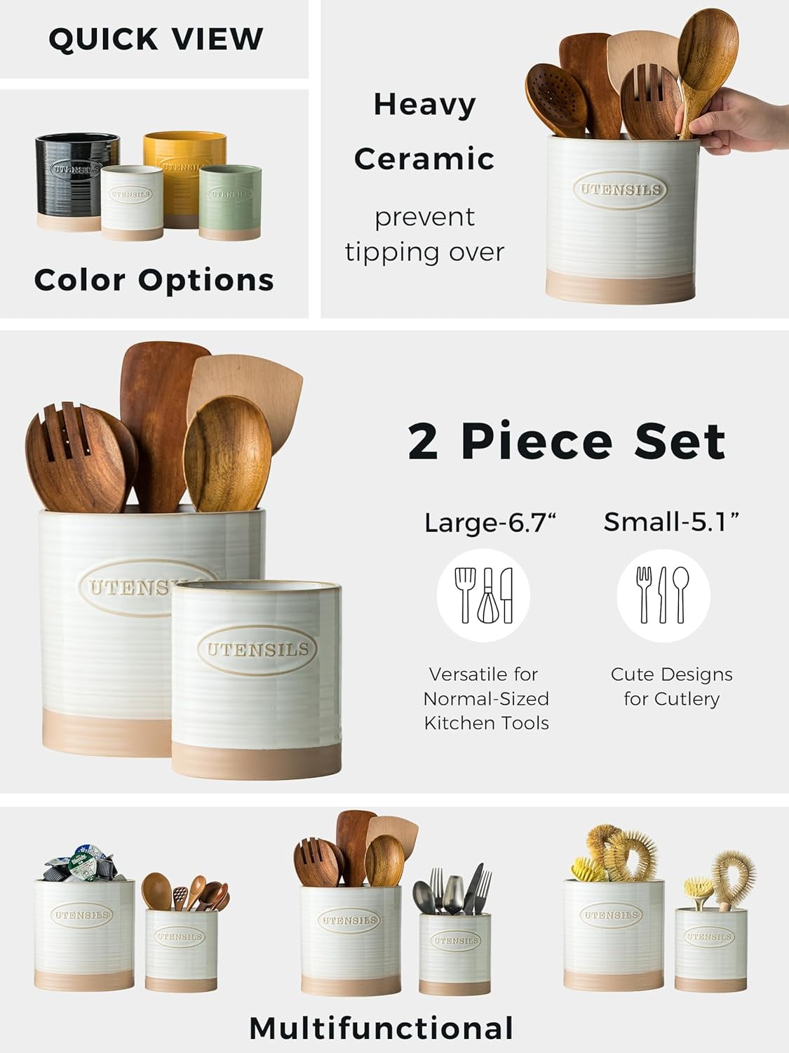 LIDUI-Utensil Holder Set of 2, Ceramic Utensil Holder for Kitchen ...