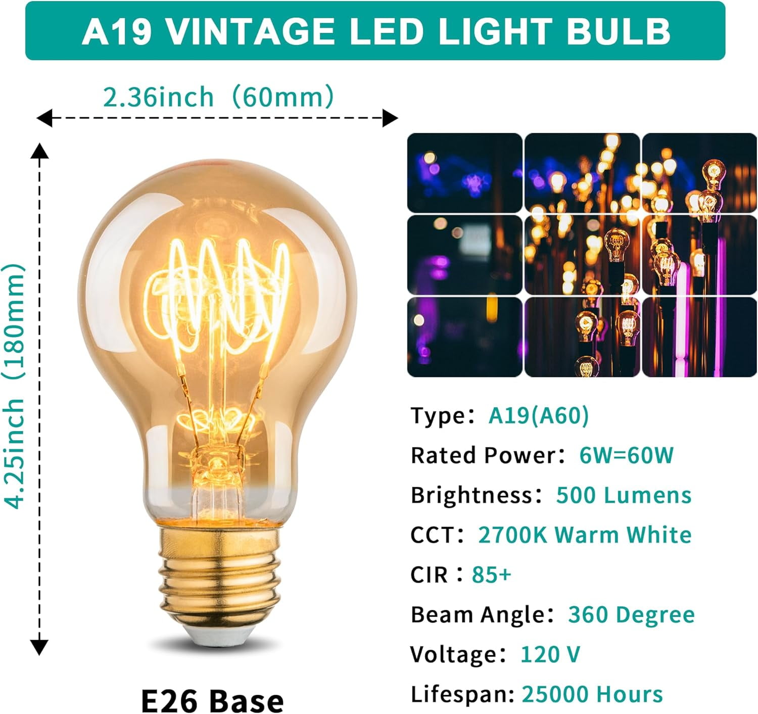 LIDUI-Vintage 6W LED Edison Bulbs, A19 Dimmable Edison Light Bulb ...