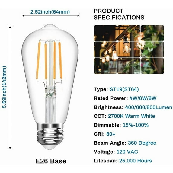 LIDUI-Vintage LED Edison Bulb, ST19 6W Dimmable LED Filament Bulb, 600 ...