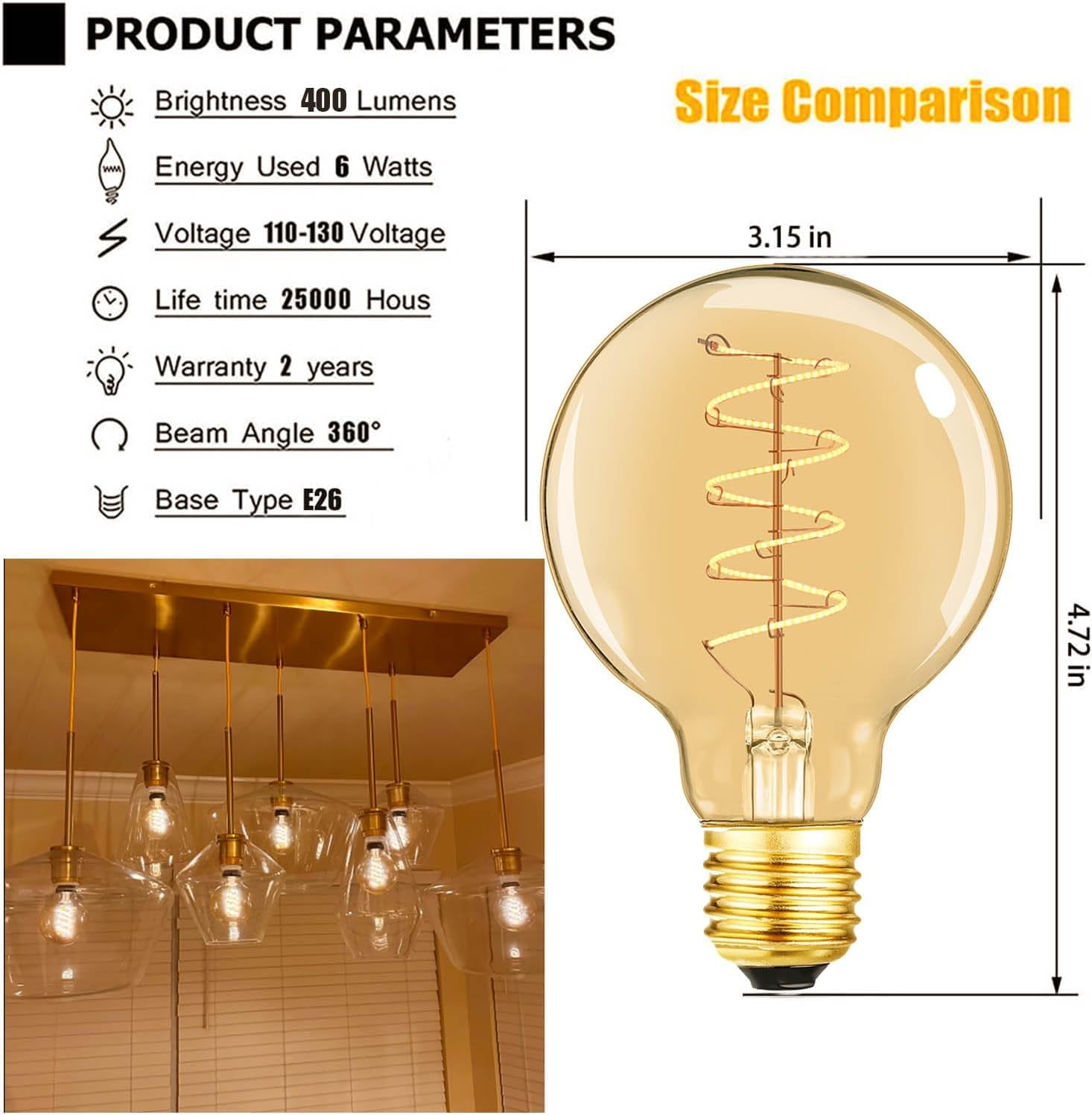 LIDUI-Vintage LED Spiral Filament Bulb G25/G80 Dimmable Flick-Free 6W ...