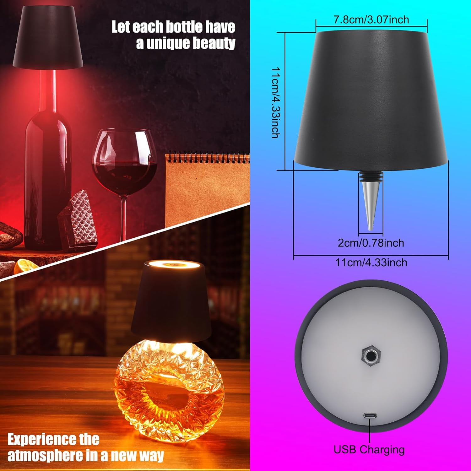 LIDUI-Wireless Bottle Lamp with Metal, RGB Modes & 3 Color Stepless ...
