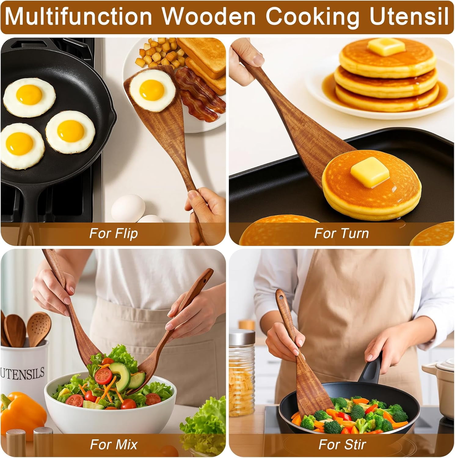 LIDUI-Wooden Spatula Nonstick Turner Acacia Wood, Long Handle Flat ...