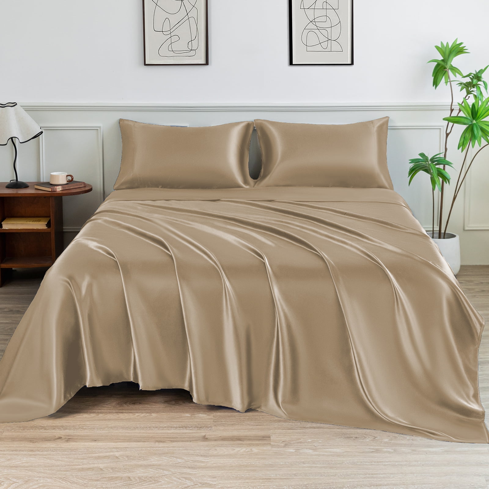 LIFCOM Satin Sheets Set King Size Champagne,4Pcs Luxury Silky Bedding ...