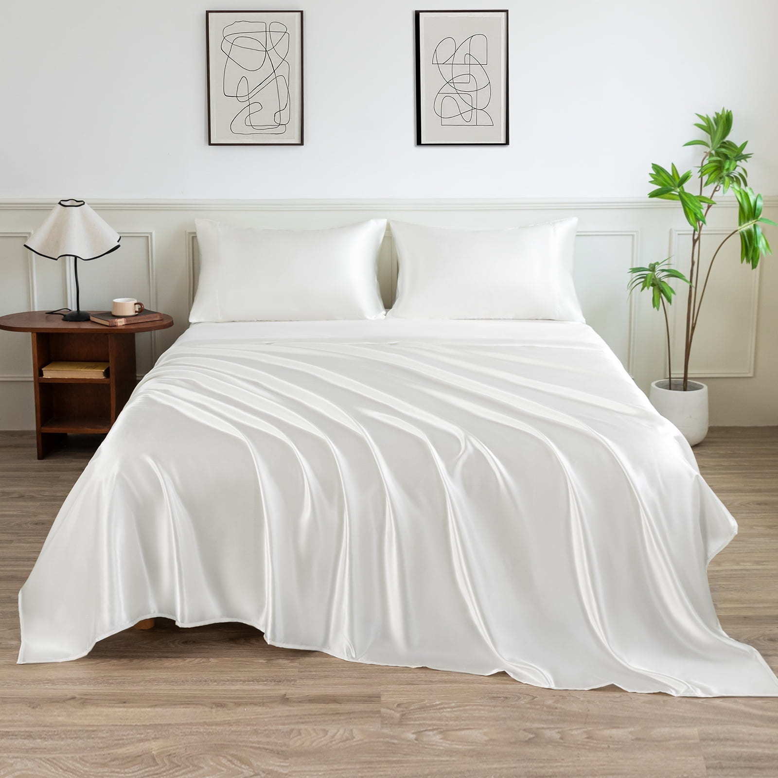 LIFCOM Satin Sheets Set Queen Size Ivory,4Pcs Luxury Silky Bedding Set ...