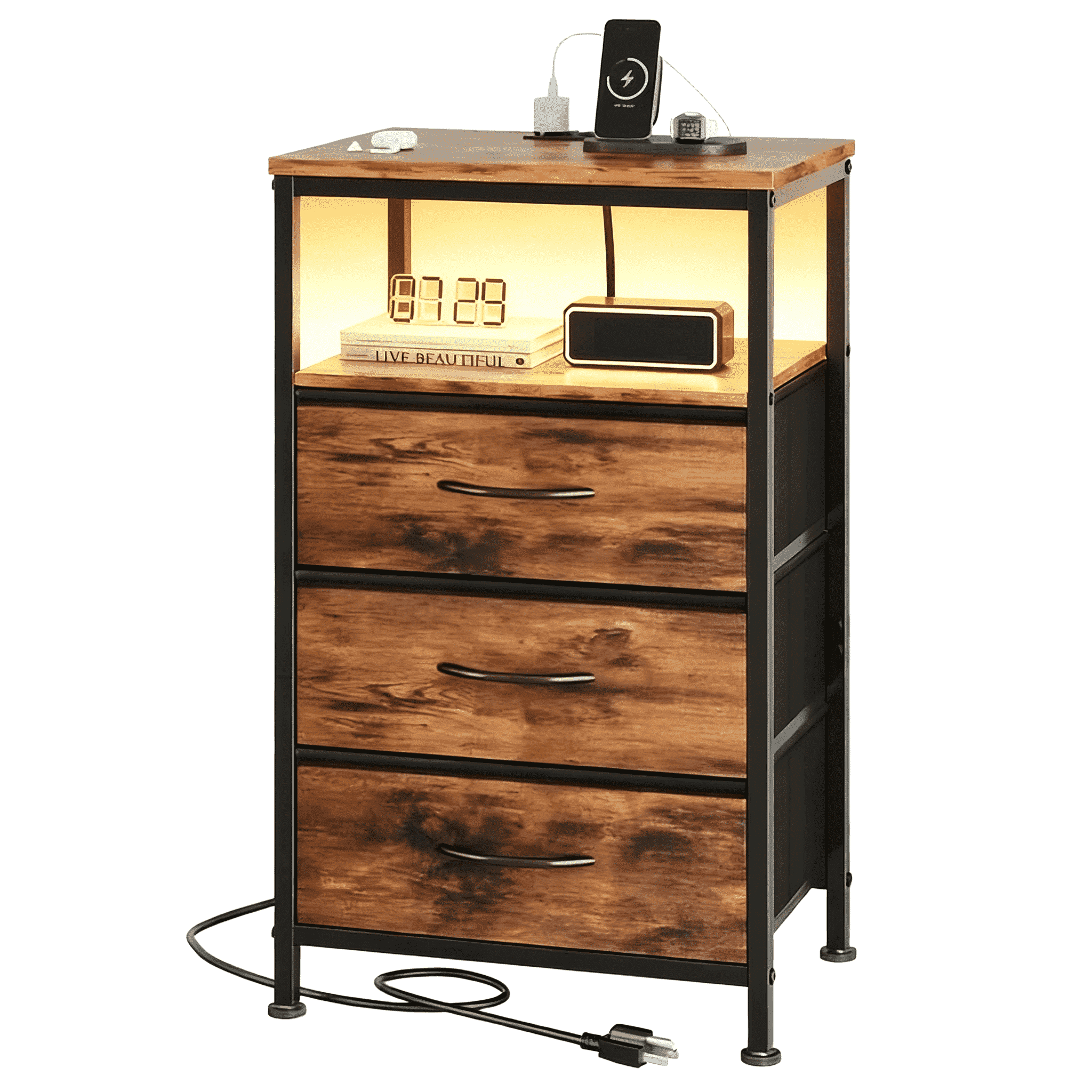LIFERECORD 3 Fabric Drawers Nightstand with Power Outlet USB/USB-C ...