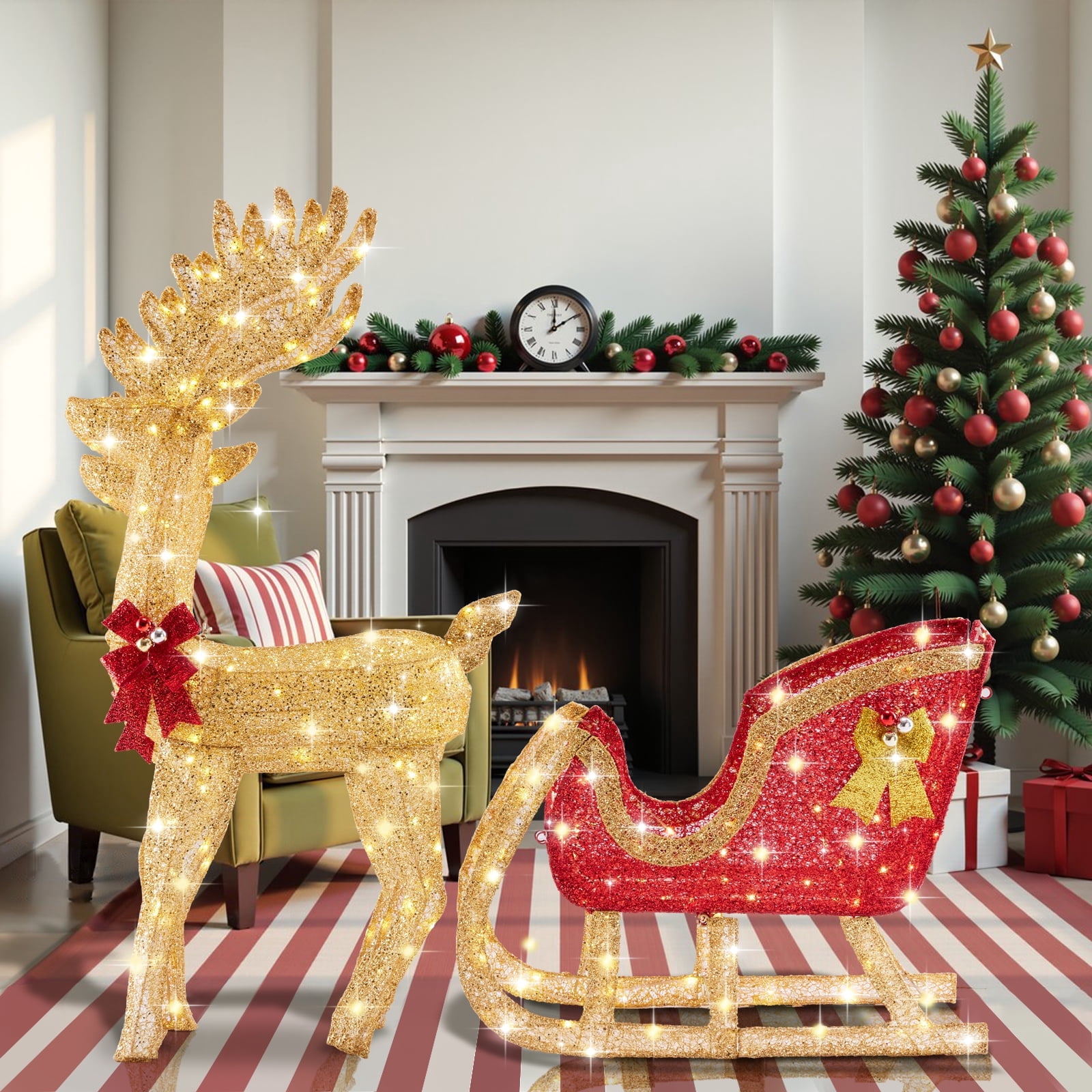 LIFERECORD 4 FT Christmas Lighted Reindeer & Santa's Sleigh, Indoor ...