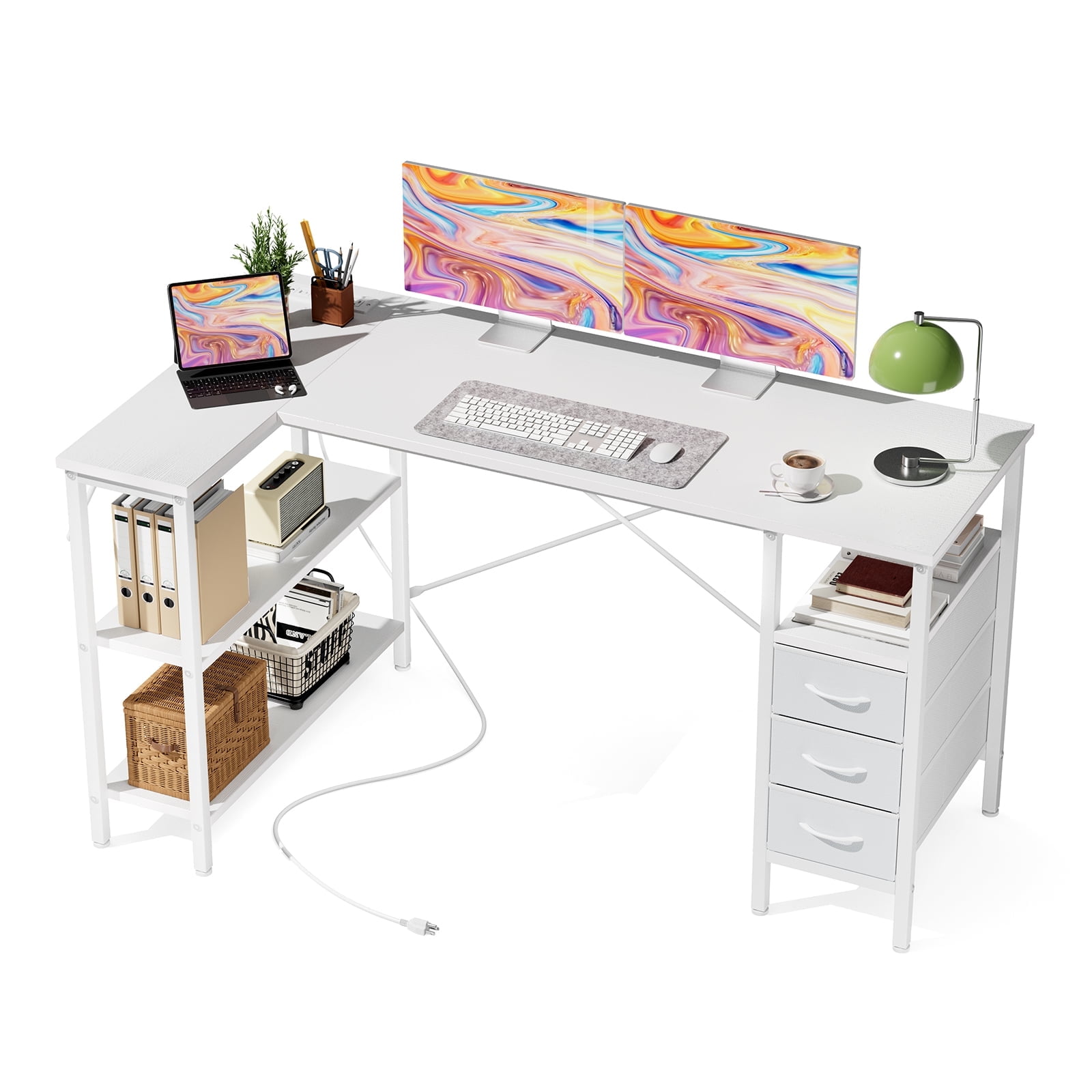 LIFERECORD 55"L Shaped Computer Desk with 3 Drawers, Power Outlets, USB ...