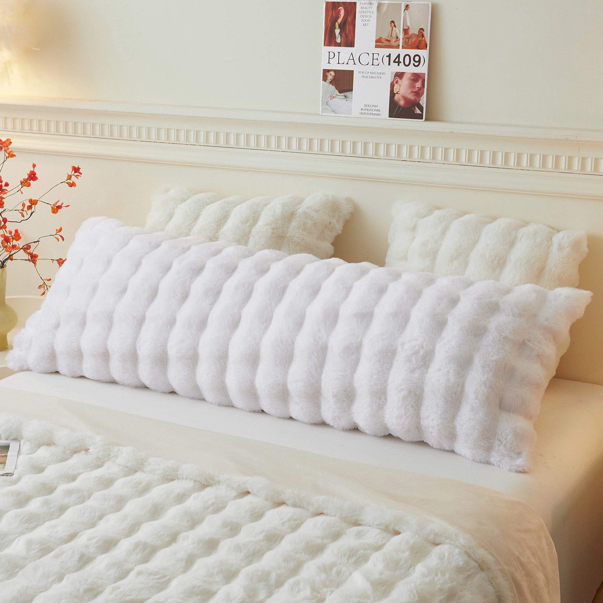 LIFEREVO Fluffy Faux Rabbit Fur Body Pillow Cover, Luxury Bubble Waffle ...