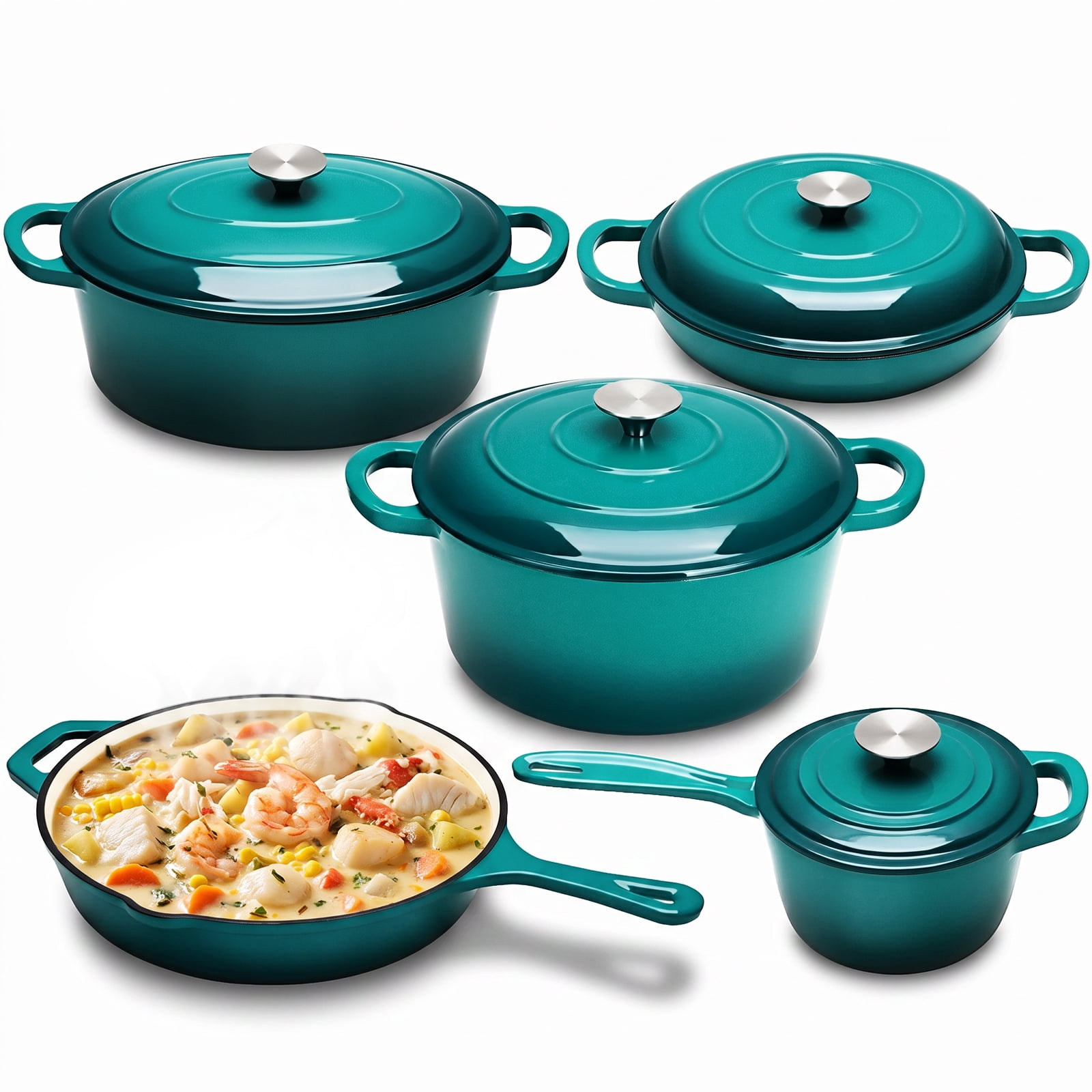 LIFERUN 9Pcs Enameled Cast Iron Cookware Set, Cast Iron Pots and Pans ...