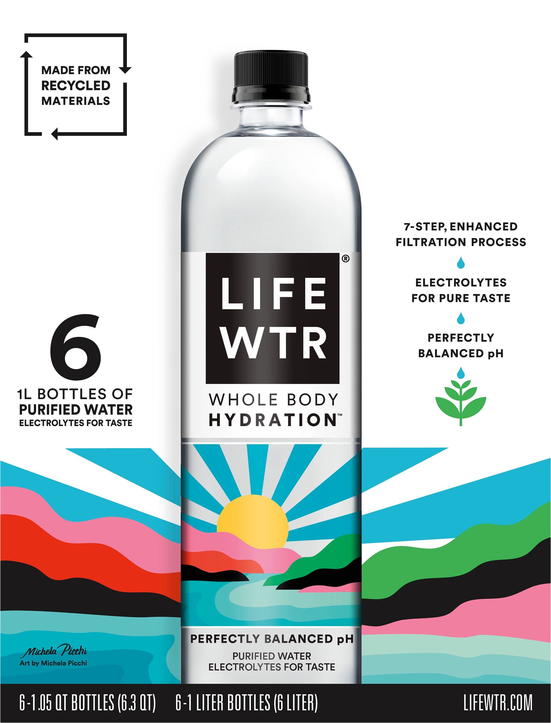 LIFEWTR Purified Water, 1 Liter, 6 Pack Bottles - Walmart.com