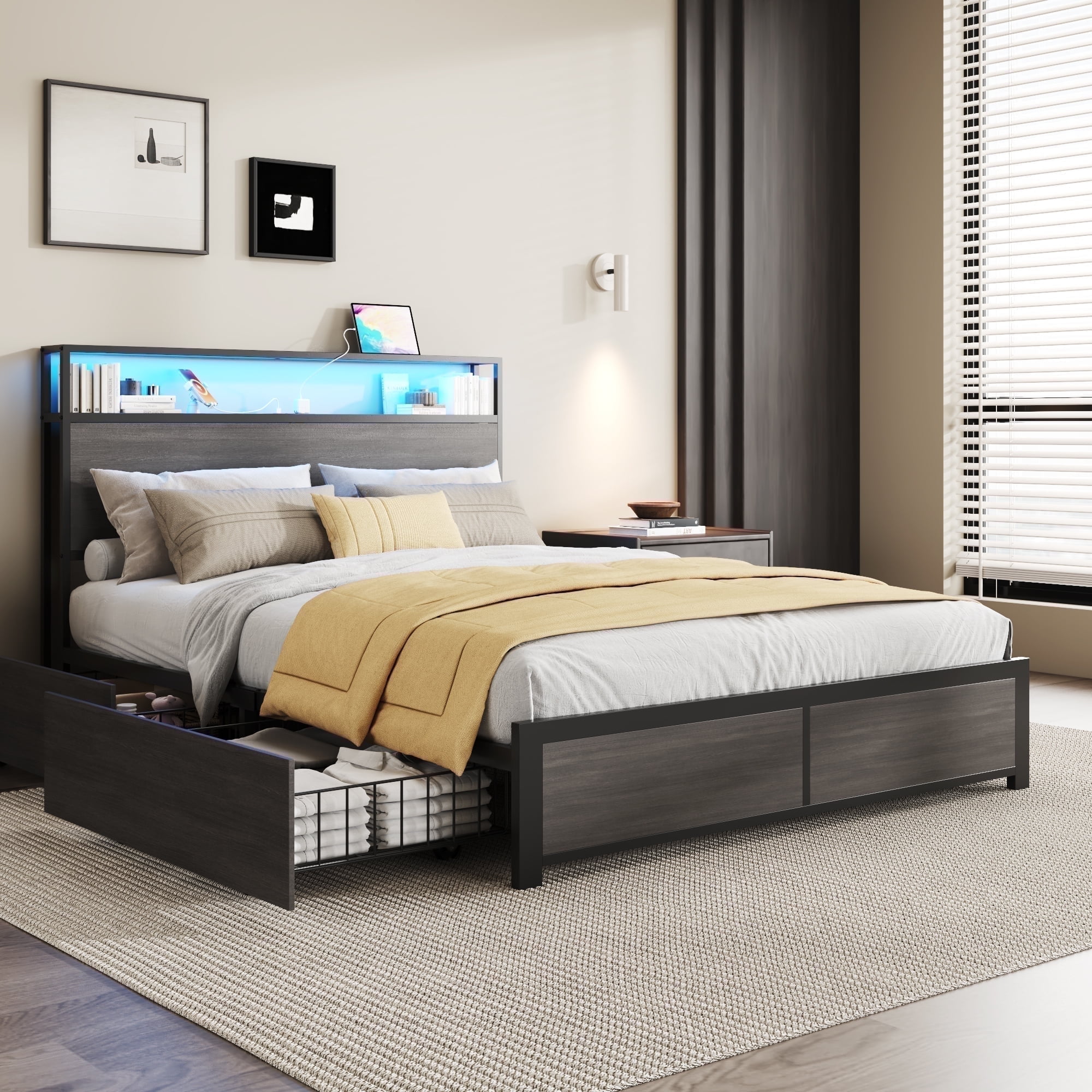 LIFEZONE Rustic Full Size Medium Density Fiberboard Platform Bookcase ...