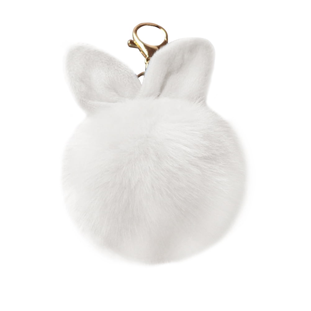 LIFKOME Bag Keyring with Rabbit Ears Fur Ball in White Faux Fox Fur ...