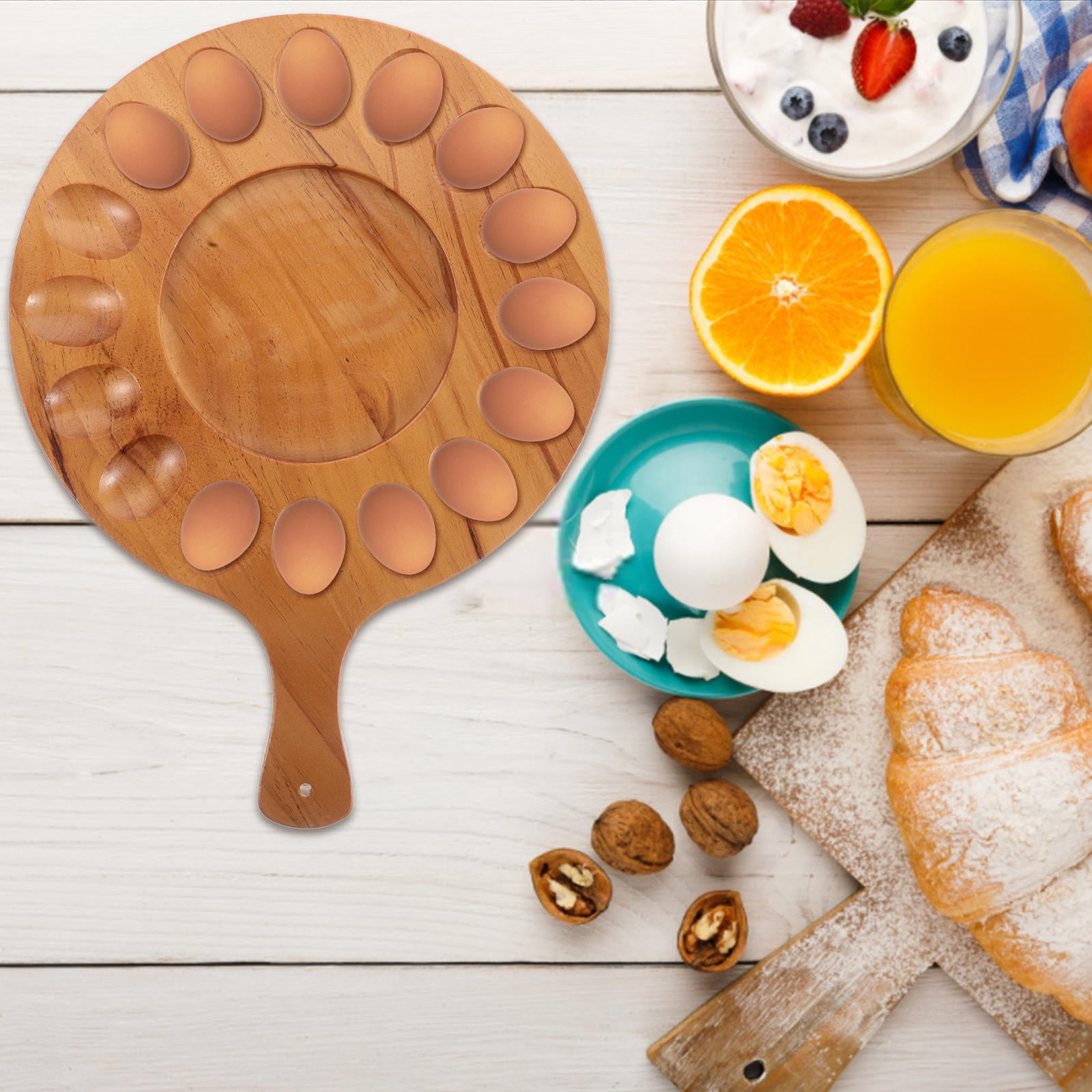 LIFKOME Deviled Egg Platter 16 Hole Wooden Tray Round Holder ...