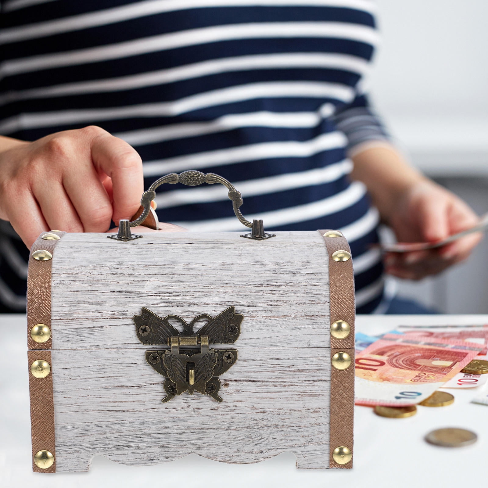 LIFKOME Wooden Money Box With Key Lock Decorative Coin Bank Rustic ...