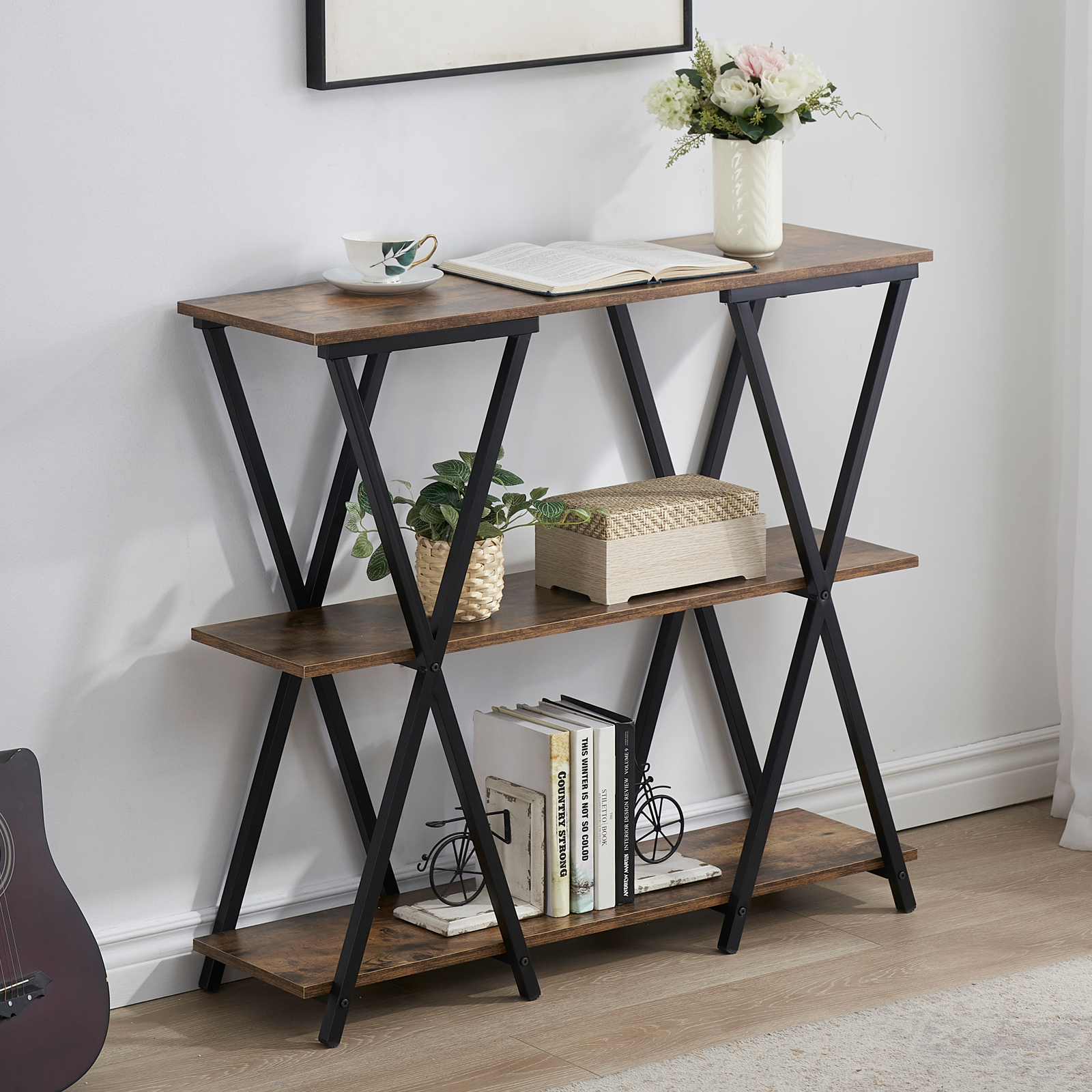 LIFUSTTG Industrial Console Sofa Table with Shelves, 3 Tier Entryway ...