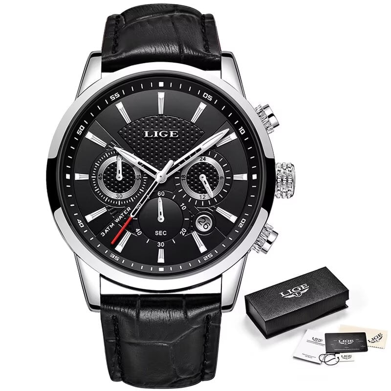 LIGE Leather Chronograph Waterproof Sport Automatic Date Quartz Watch ...