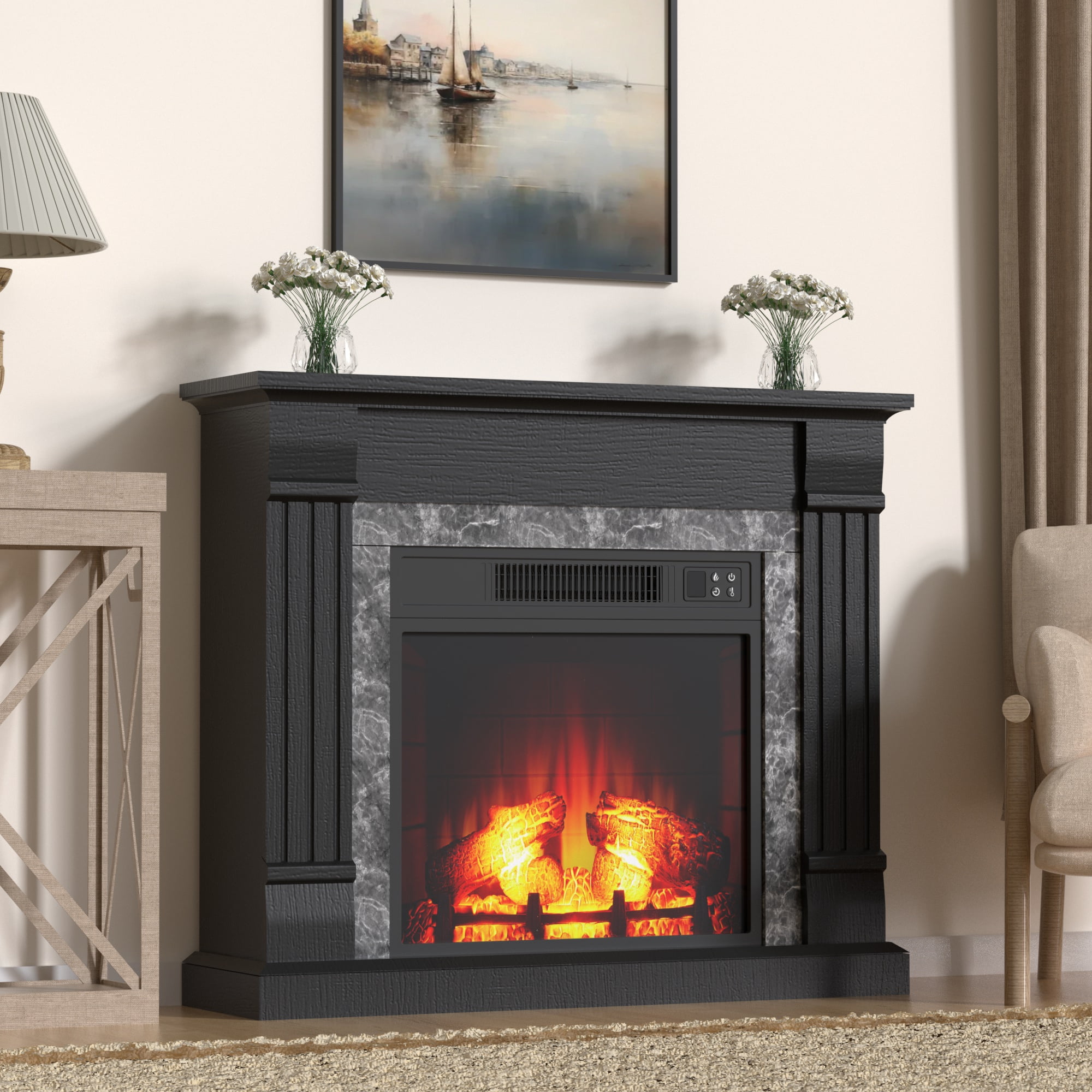 LIGHTINN 31.5''W Electric Fireplace with Wooden Encase Surround Mantel ...