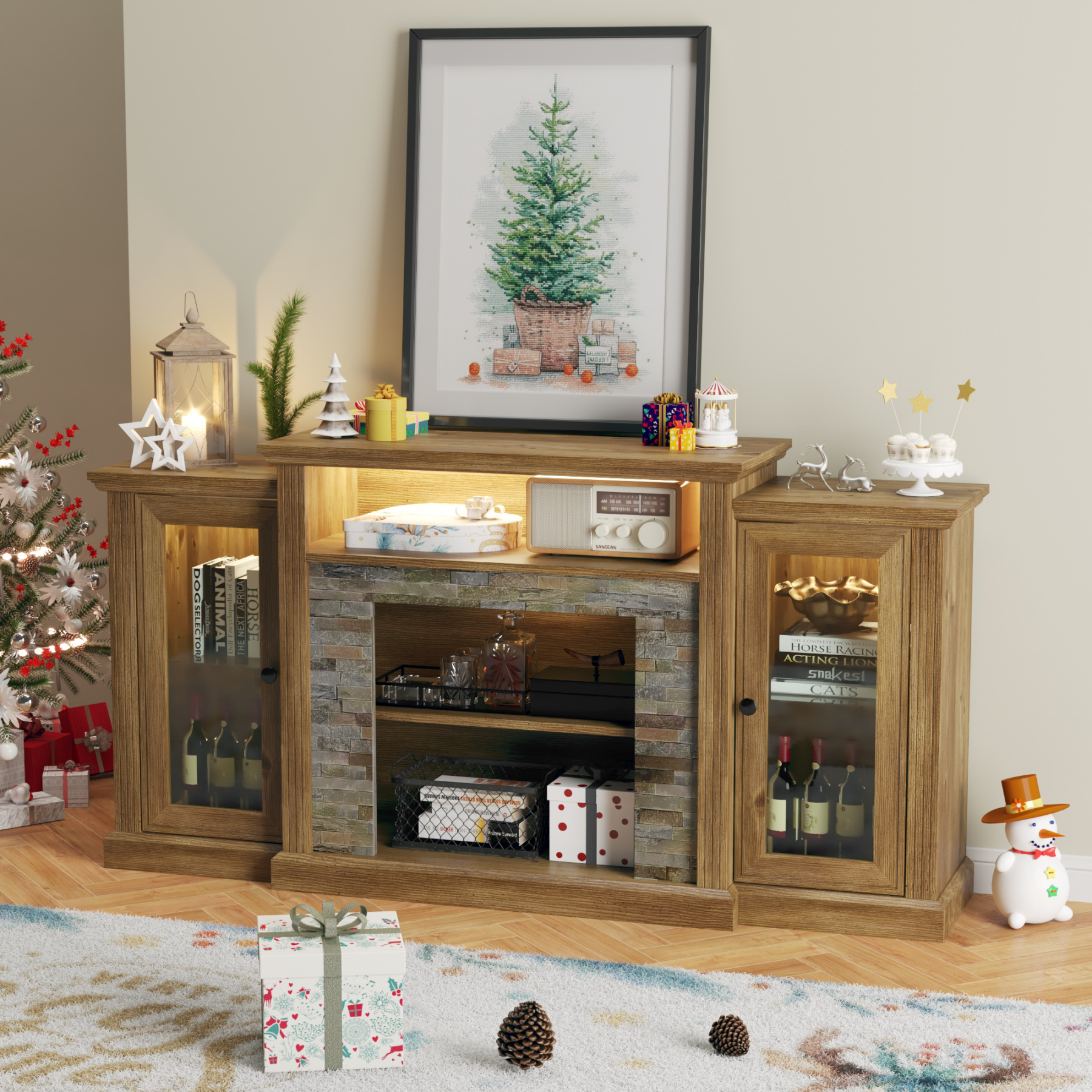 LIGHTINN Farmhouse TV Stand with LED Lights and Power Outlets for TVs ...