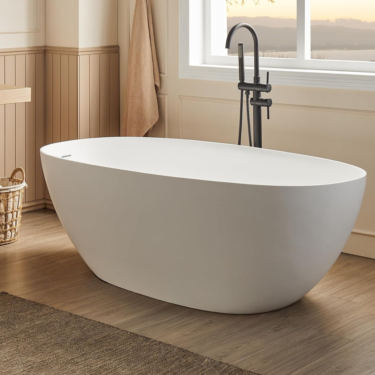 LIGMIRR 55 inch Stone Resin Freestanding Bathtub, Oval Bathroom Tub ...