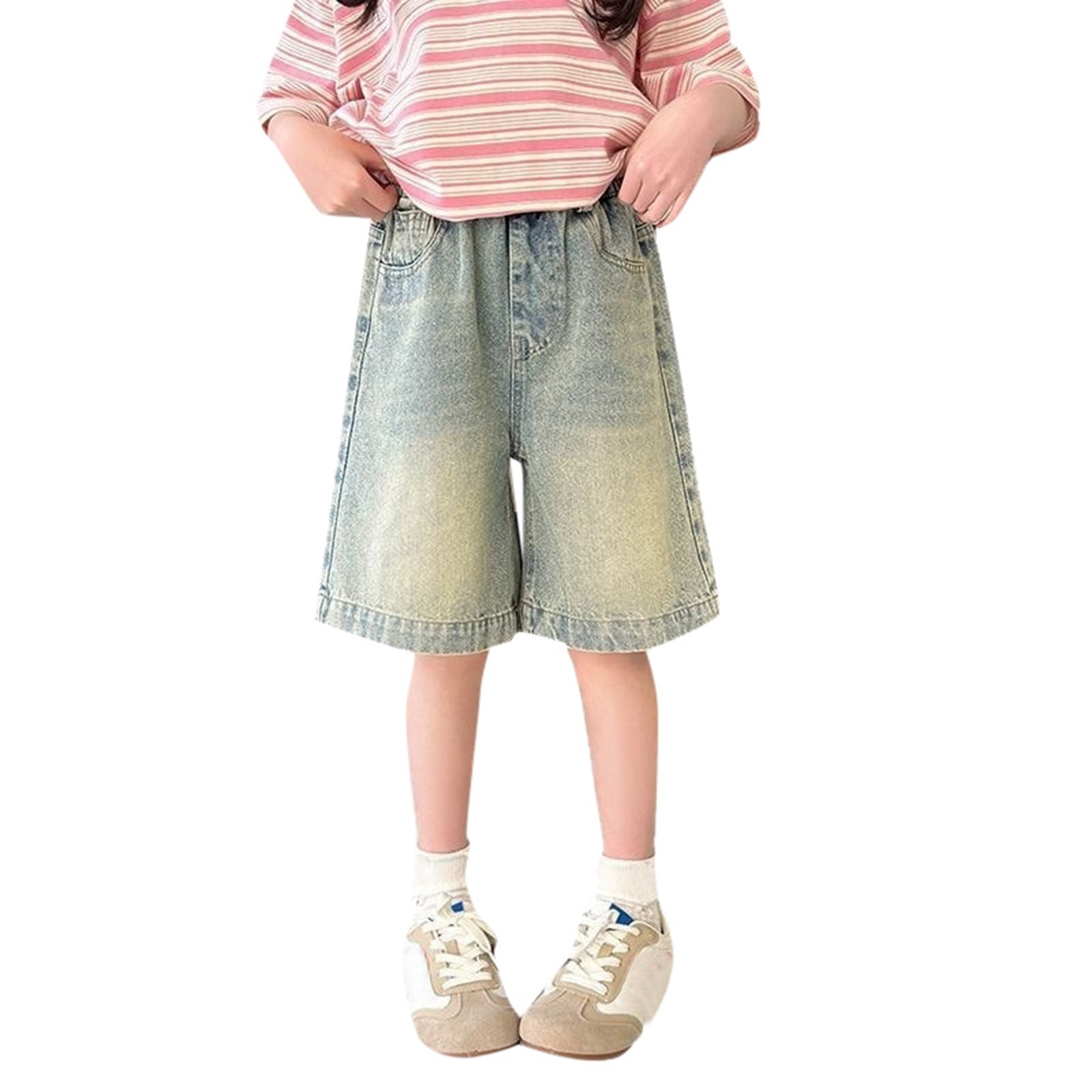 LIIPEE Girls Boys Jeans Shorts Elastic High Waist Straight Wide Leg ...