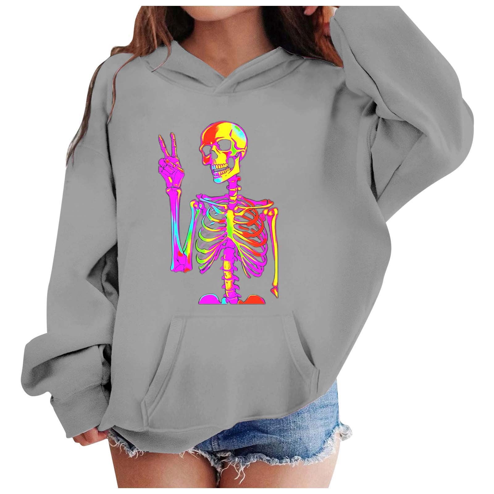LIIPEE Girls Boys Sweatshirt Halloween Cartoon Skeleton Printed Long Sleeve Hooded Pullover Tops ...