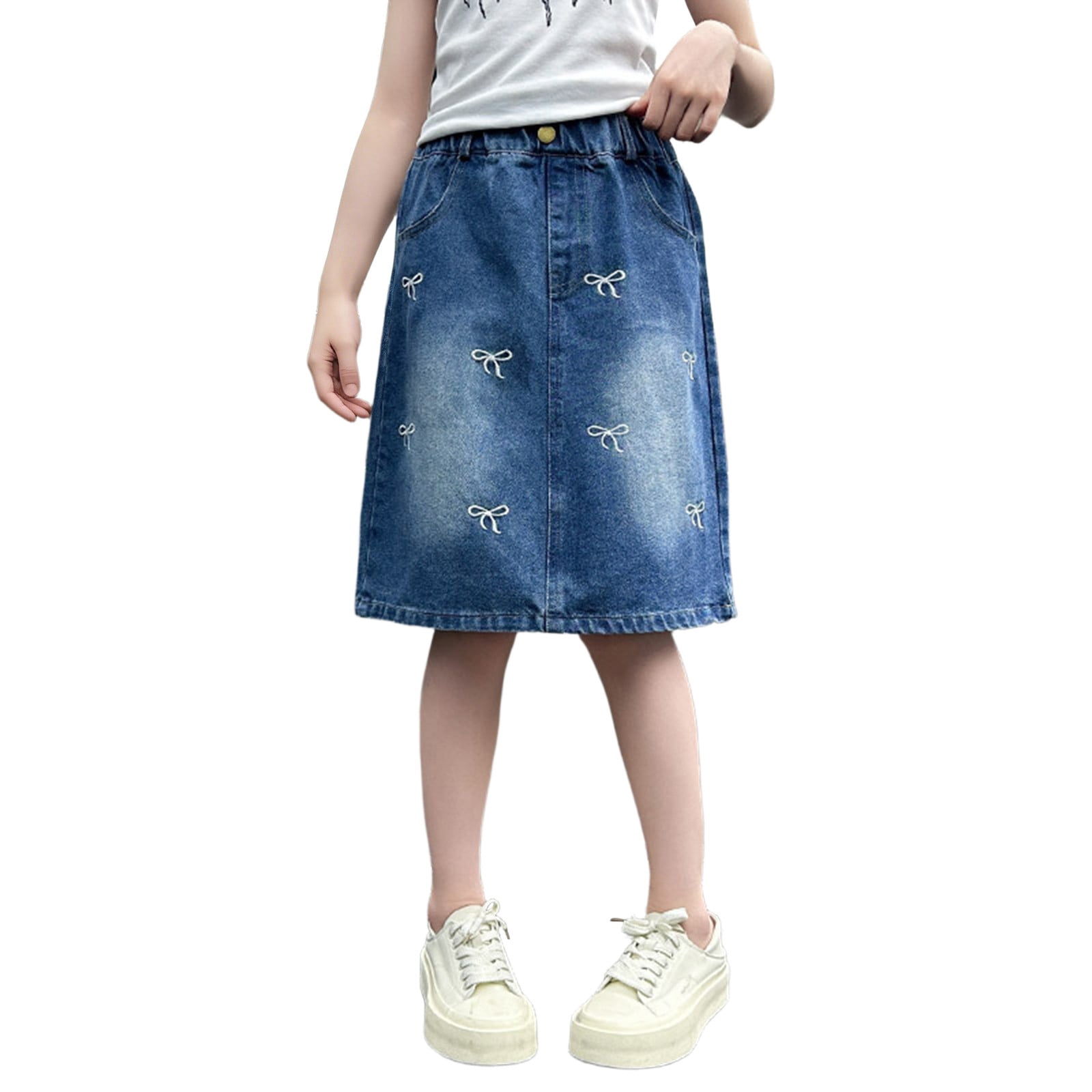 LIIPEE Girls Denim Skirt Kids Summer Casual Bow Embroidery Elastic ...