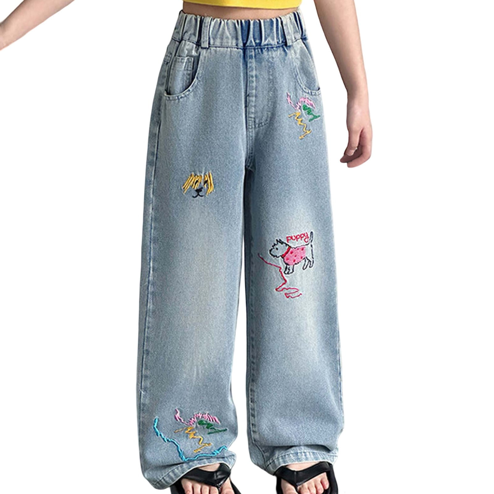 LIIPEE Girls Jeans Pants Spring Summer Fashion Cute Cartoon Embroidery ...