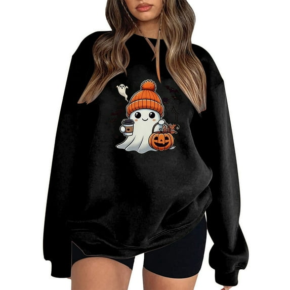 LIIPEE Women Hoodless Halloween Cartoon Ghost Pumpkin Printed Long ...