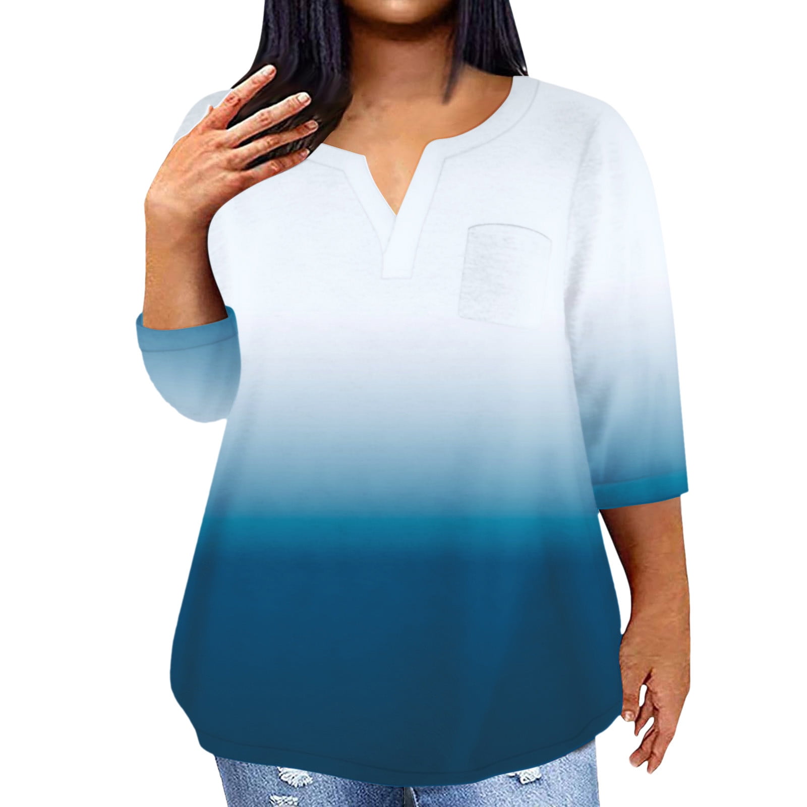 LIIPEE Women Shirts Fashion Casual Plus Size Gradient Color 3/4 Sleeve ...