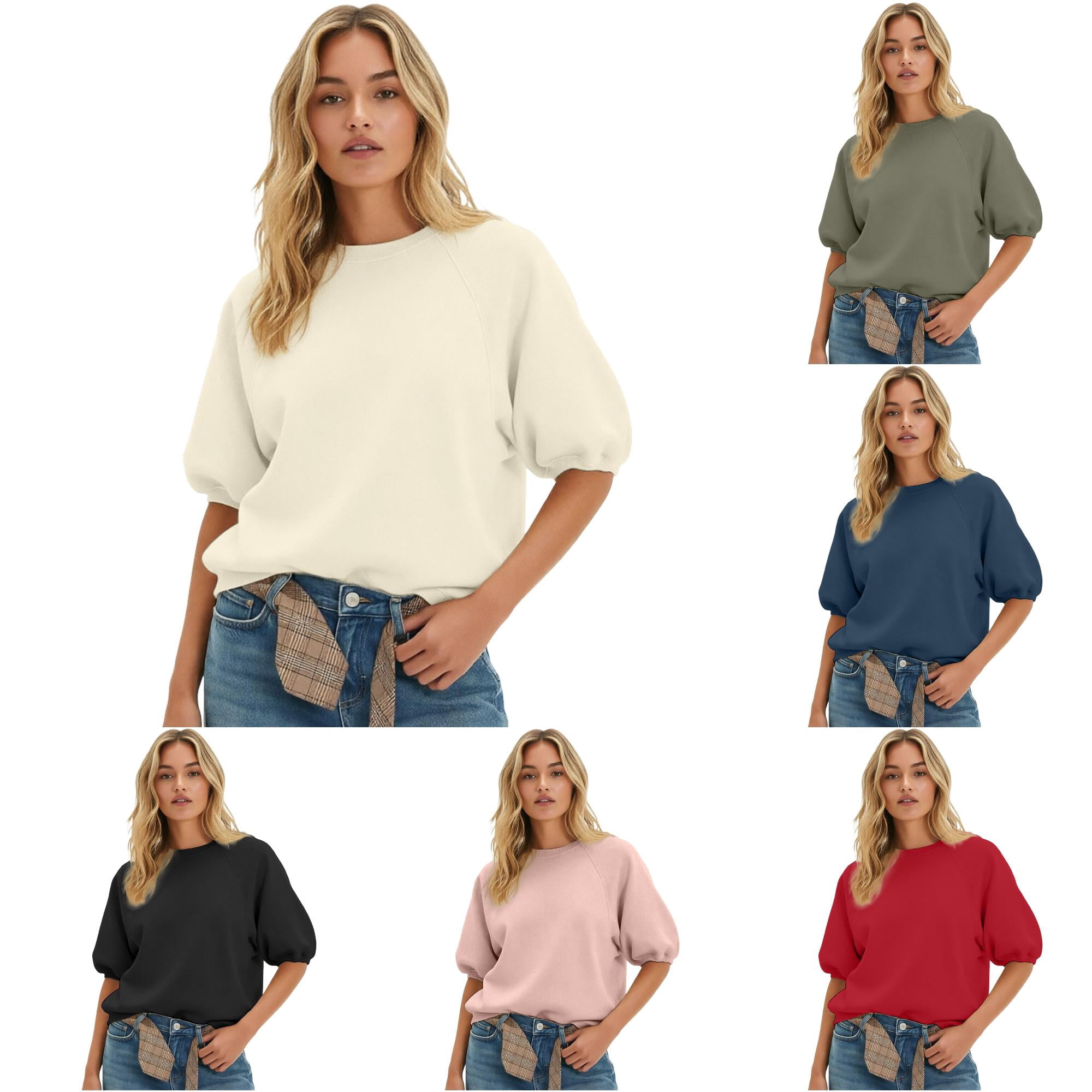 LIIPEE Womens Solid Color Sweatshirts Short Sleeve Crew Neck Loose ...