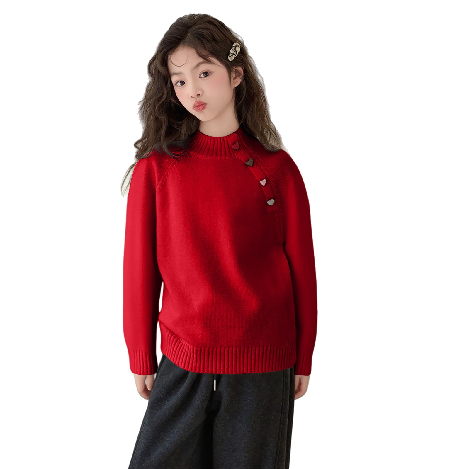 LIJCC Girls Fall Winter Sweaters Turtleneck Irregular Single-Breasted ...