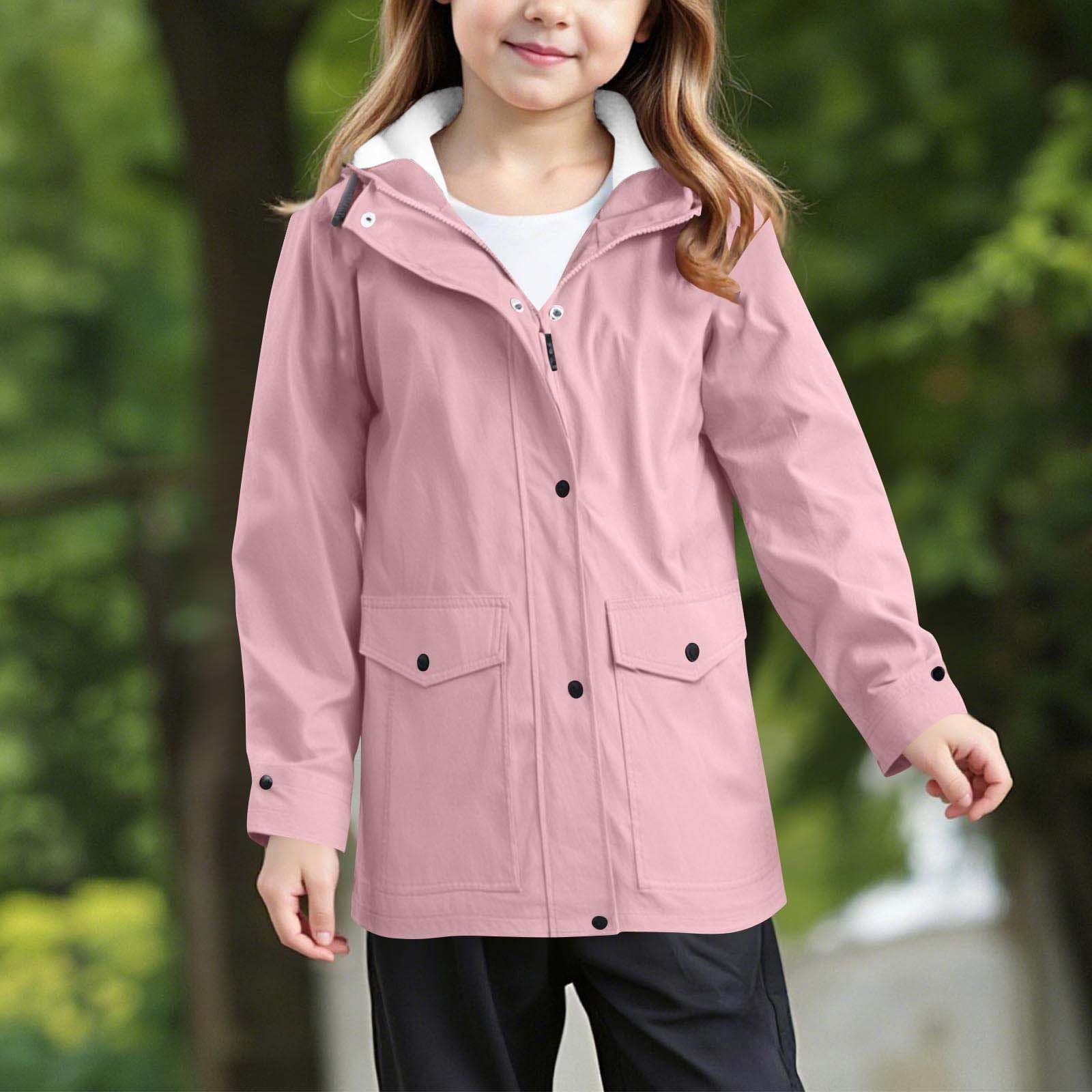 LIJCC Girls Fleece Lined Raincoat Windproof Windbreaker Solid Color ...