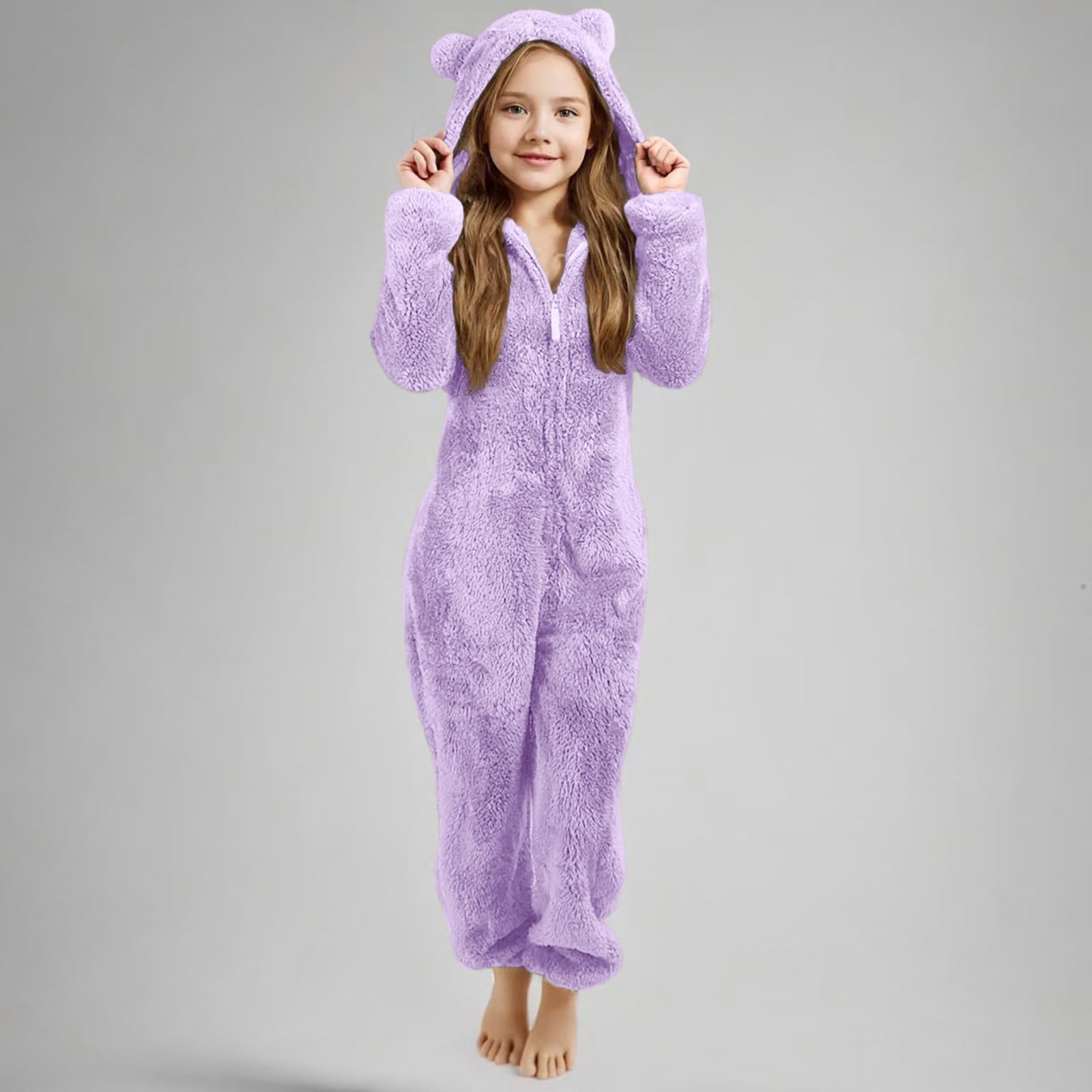 LIJCC Girls Fleece Zip Up Jumpsuits Kids Hooded Sherpa Lined Rompers ...