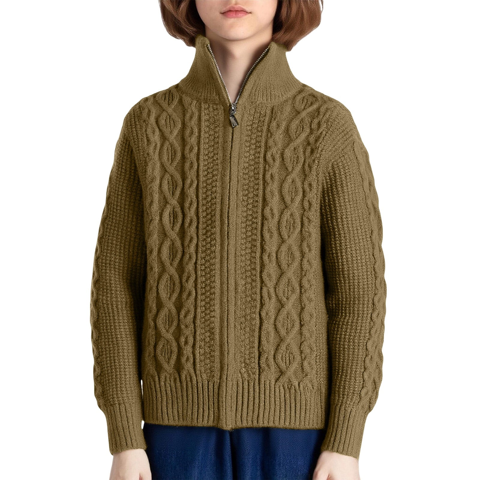 LIJCC Girls Full Zipper Turtleneck Sweater Stand Collar Loose Fit Knit ...