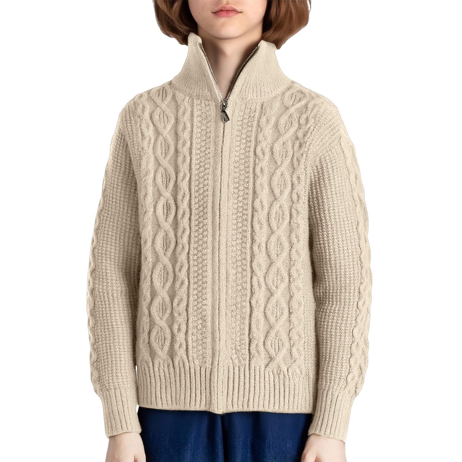 LIJCC Girls Full Zipper Turtleneck Sweater Stand Collar Loose Fit Knit ...