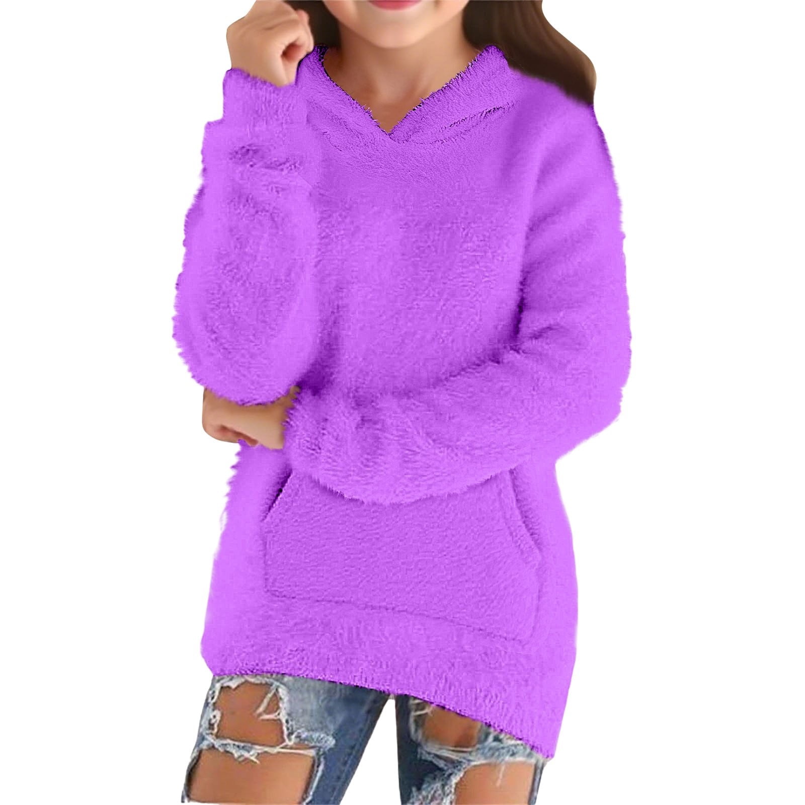 LIJCC Girls Fuzzy Fleece Sherpa Hoodie Sweatshirt Pullover Solid Color ...