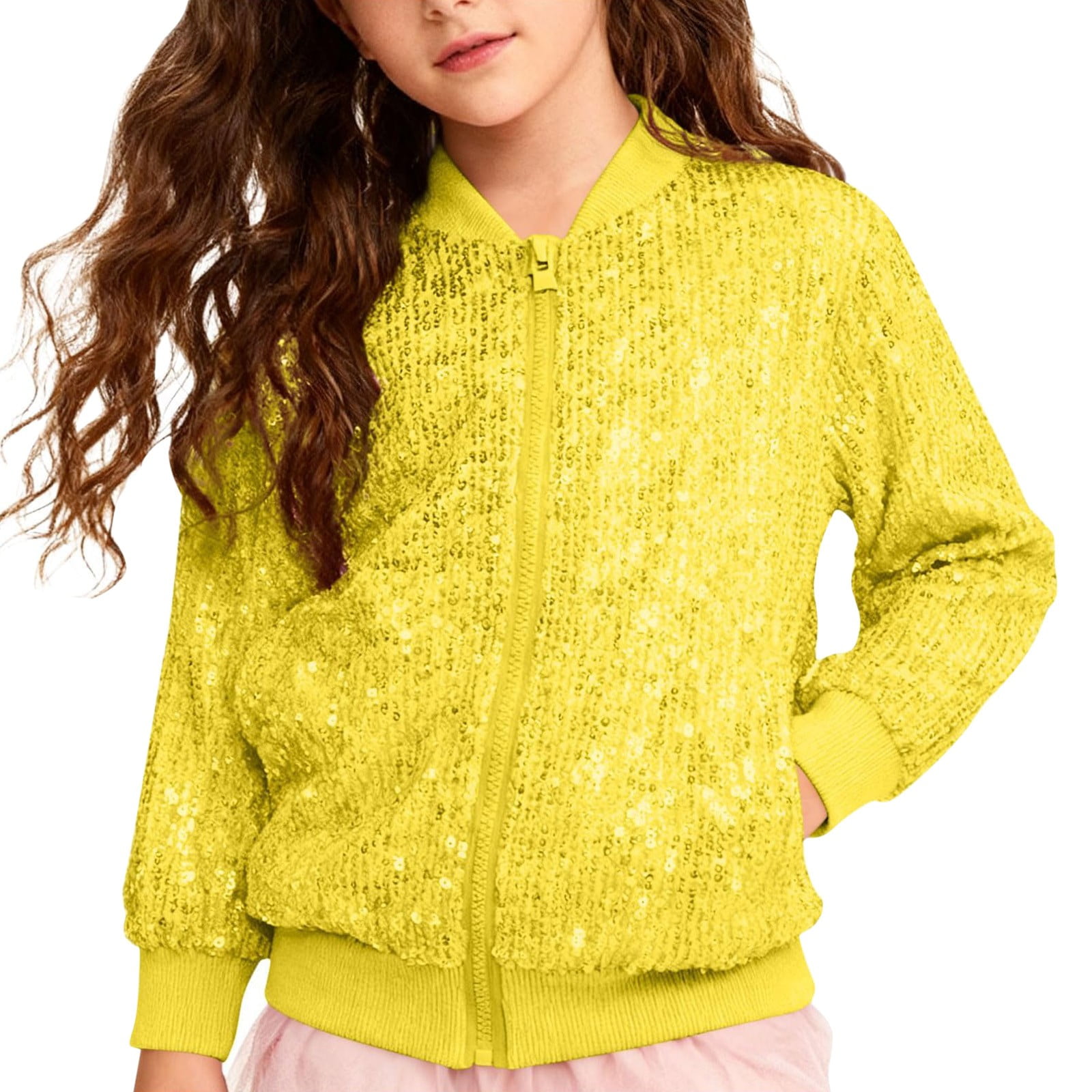 LIJCC Girls Sequin Bomb Jacket Glitter Long Sleeves Zipper Bright Color ...