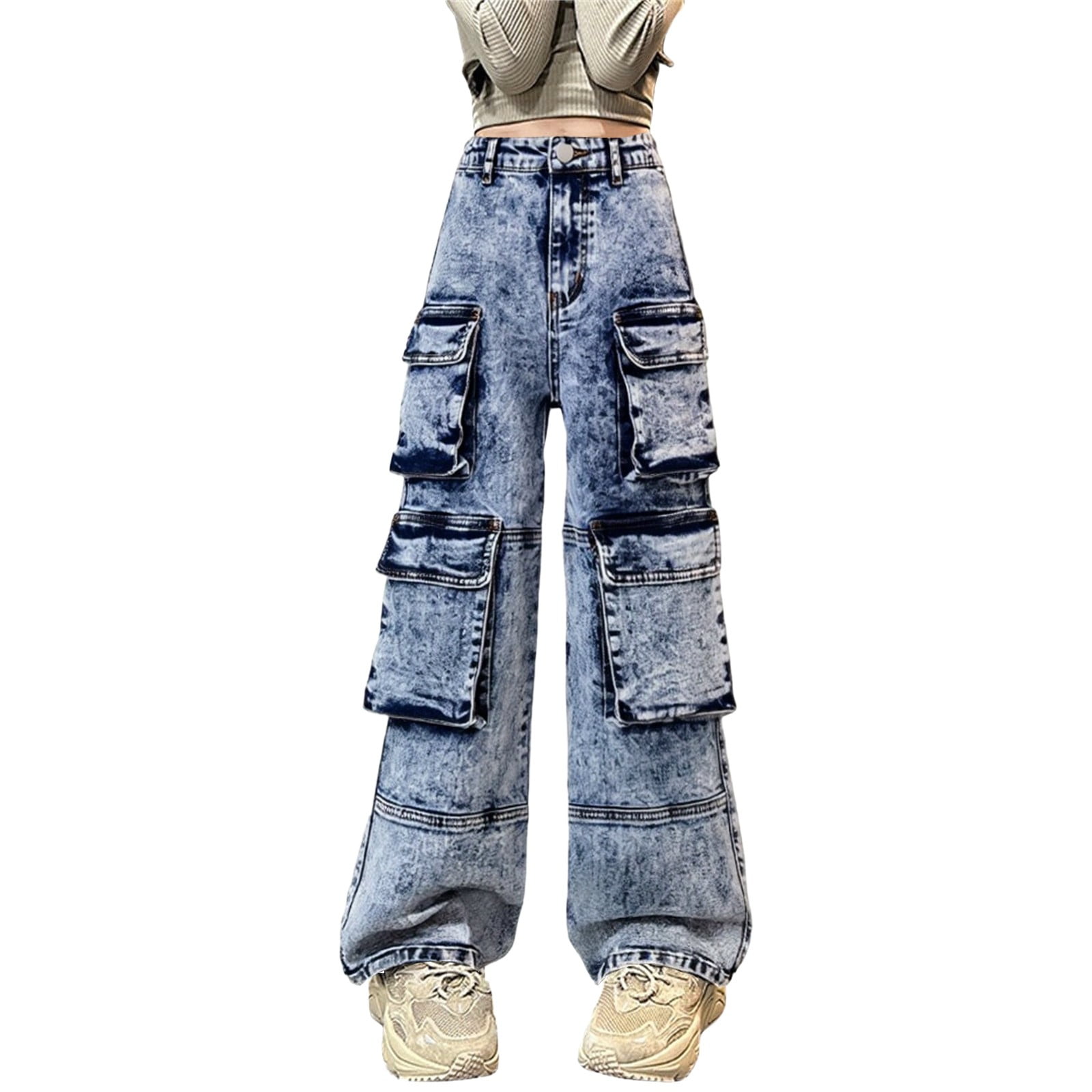 LIJCC Girls Streetwear Denim Cargo Pants High Waist Floor Length Loose ...