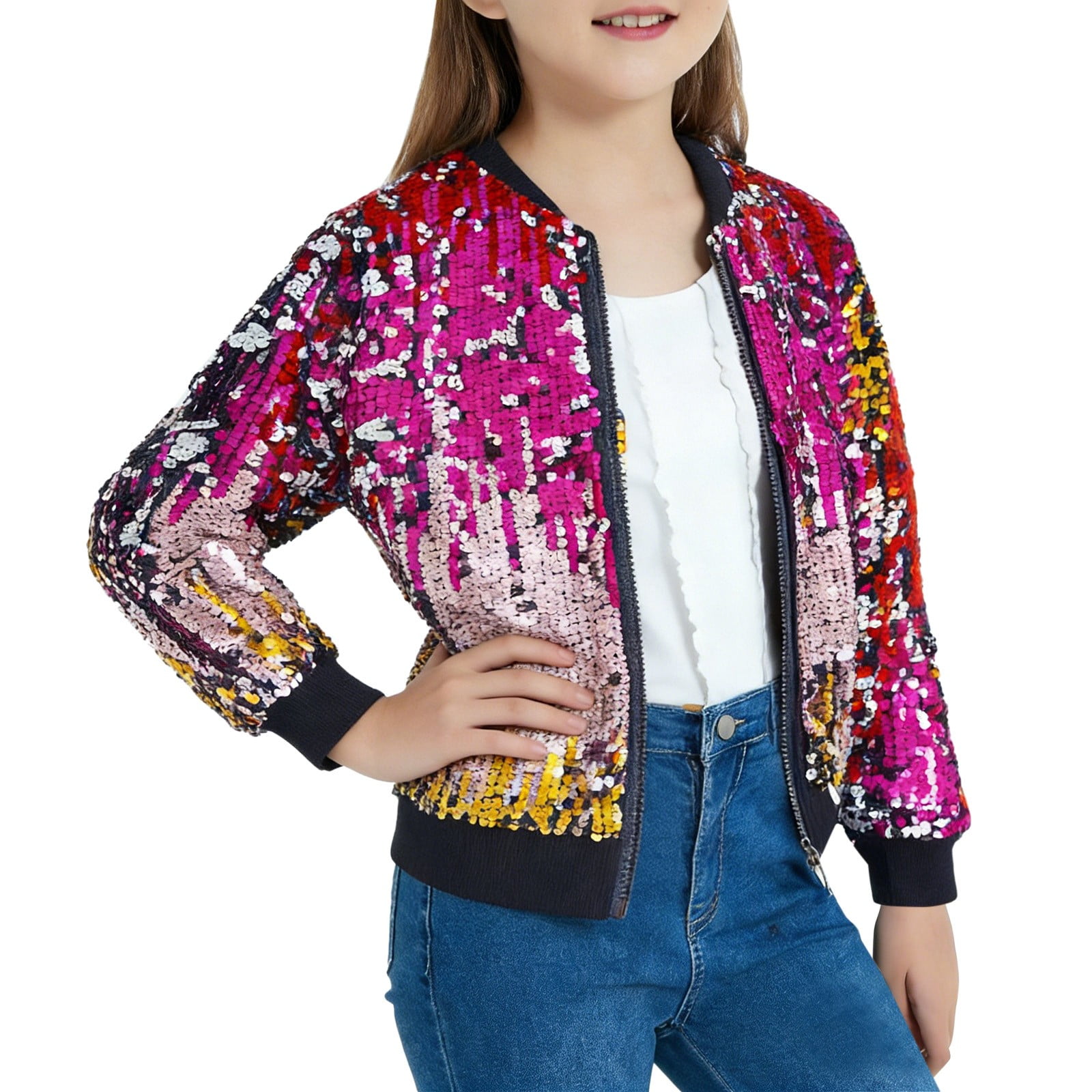LIJCC Kid Girls Ombre Sparkle Sequin Bomber Jacket with Pockets Glitter ...