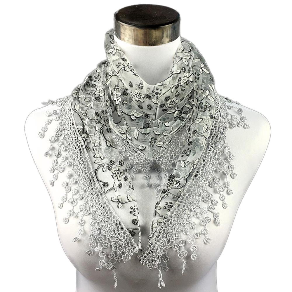 LIJCC Lace Hollow Tassel Triangle Scarf Shawl Sheer Print Fashion Scarf ...