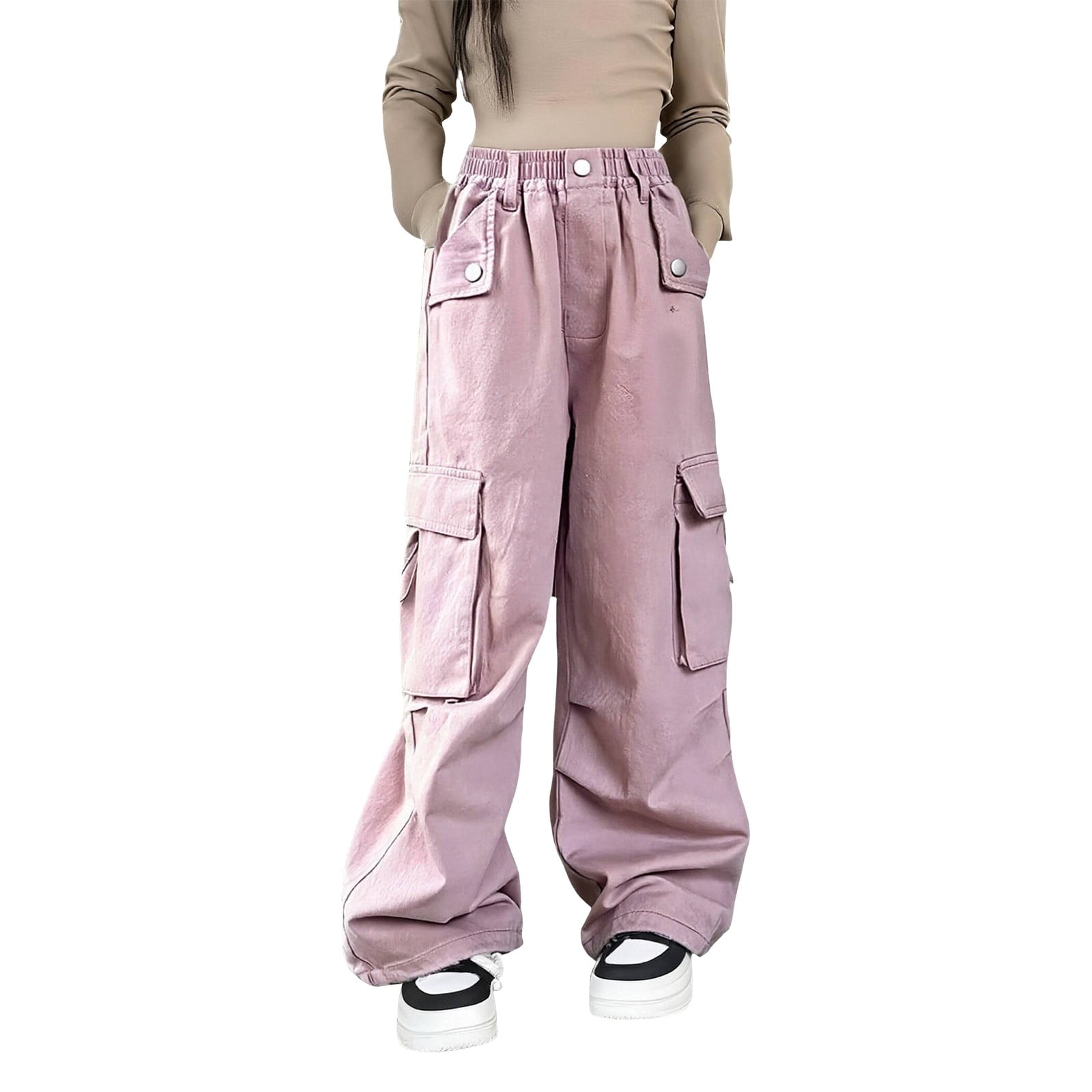 LIJCC Teen Girls Cargo Pants Elastic Waist Wide Leg Baggy Solid Color ...