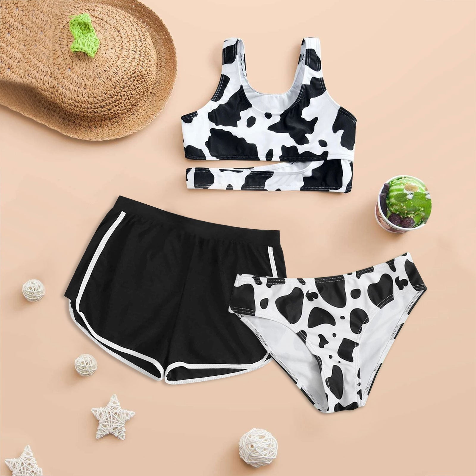 LIJCC Teens Girls Swimsuits Bikini Set with Shorts 3 Piece Cow Print ...