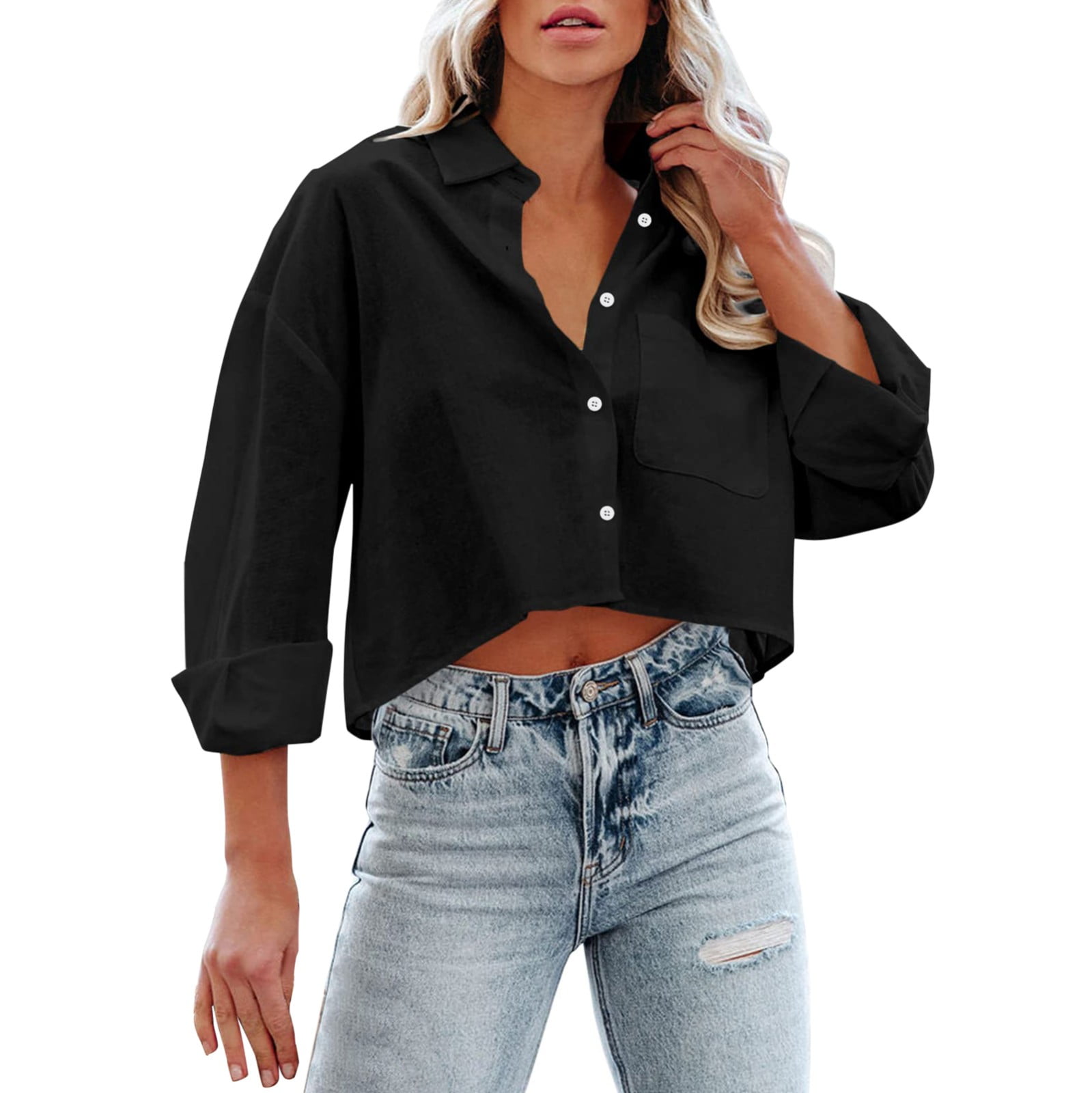 LIJCC Women'S Casual Long-Sleeved Buttoned Midriff-Baring Commuter ...