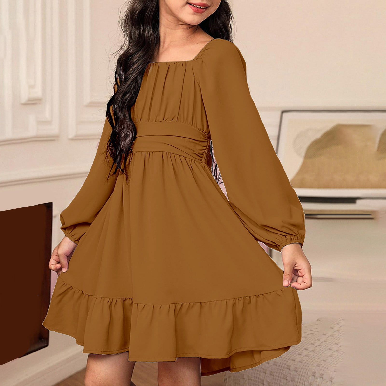 LIJCC Womens Tween Corset Dress Long Sleeve Tie Back Dress Solid Color ...