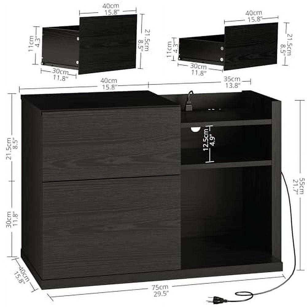 LIKIMIO Black Night Stand with Shelves, Charging Station & LED, 2 ...